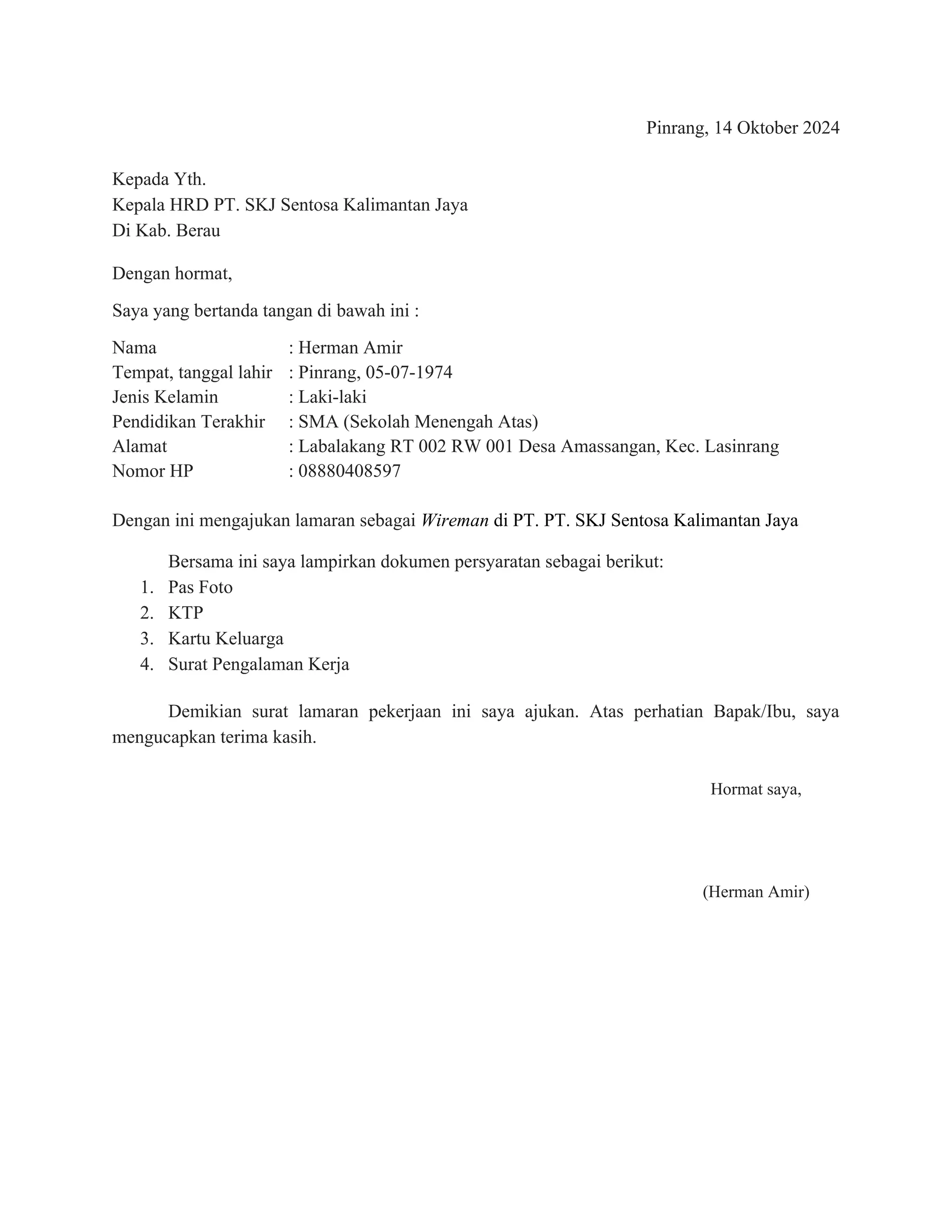 Format Surat Lamaran Kerja hanya sebagai contoh | DOC
