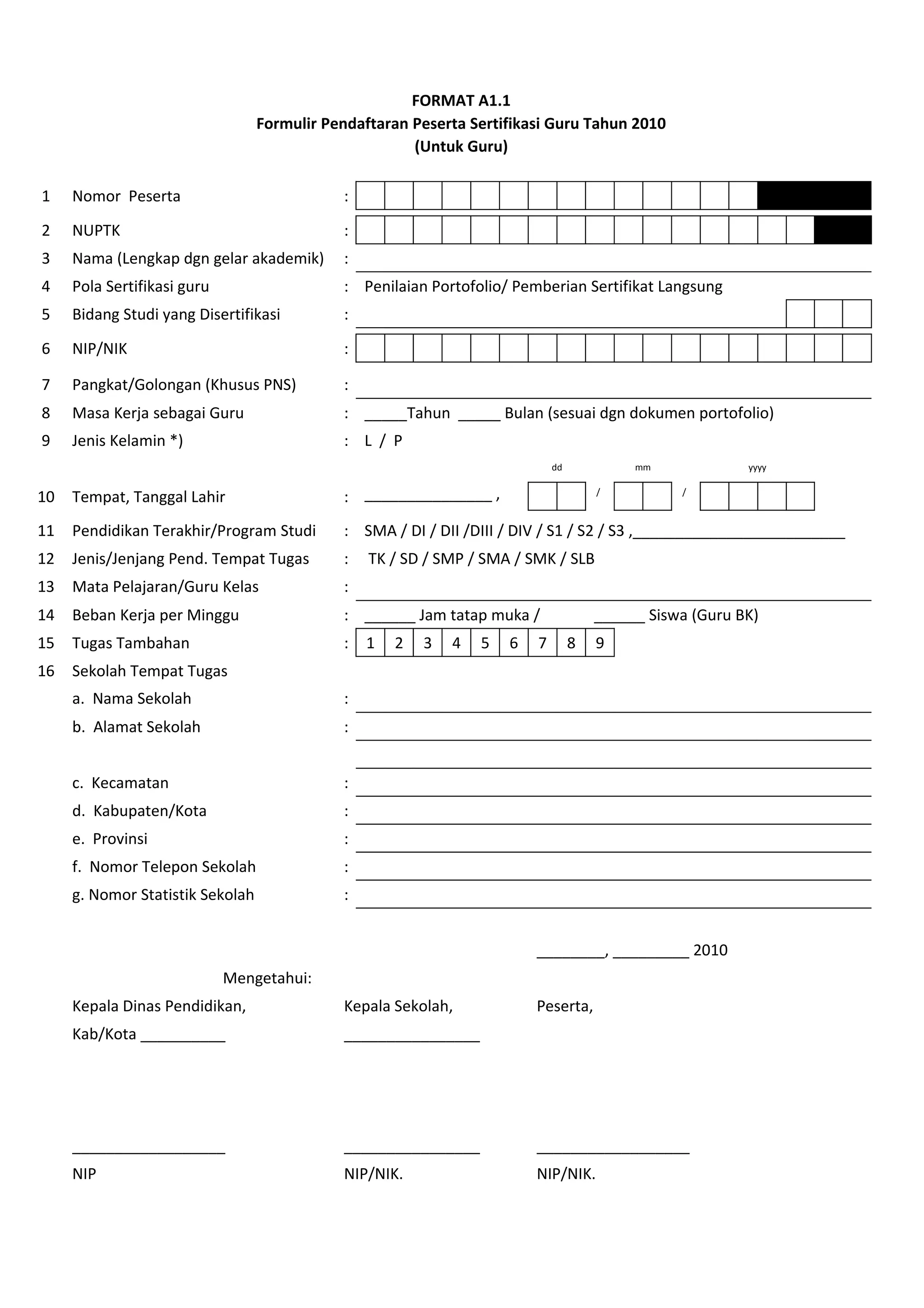 Format A1 F Sertifikasi Guru | DOC