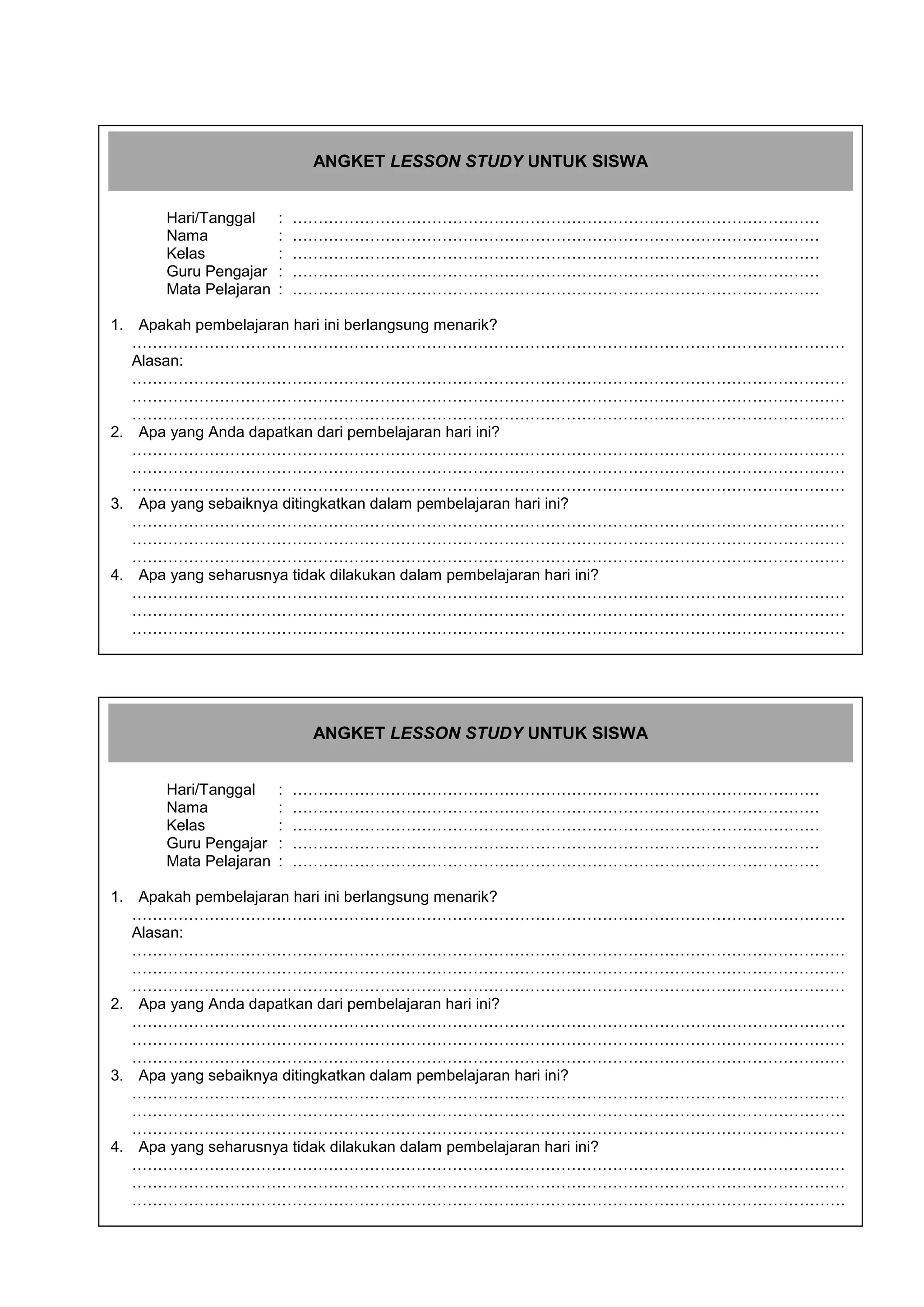 Format angket lesson study | PDF