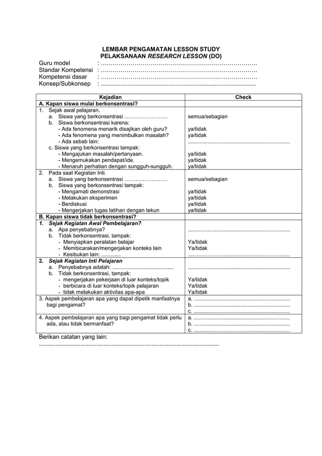 Format angket lesson study | PDF