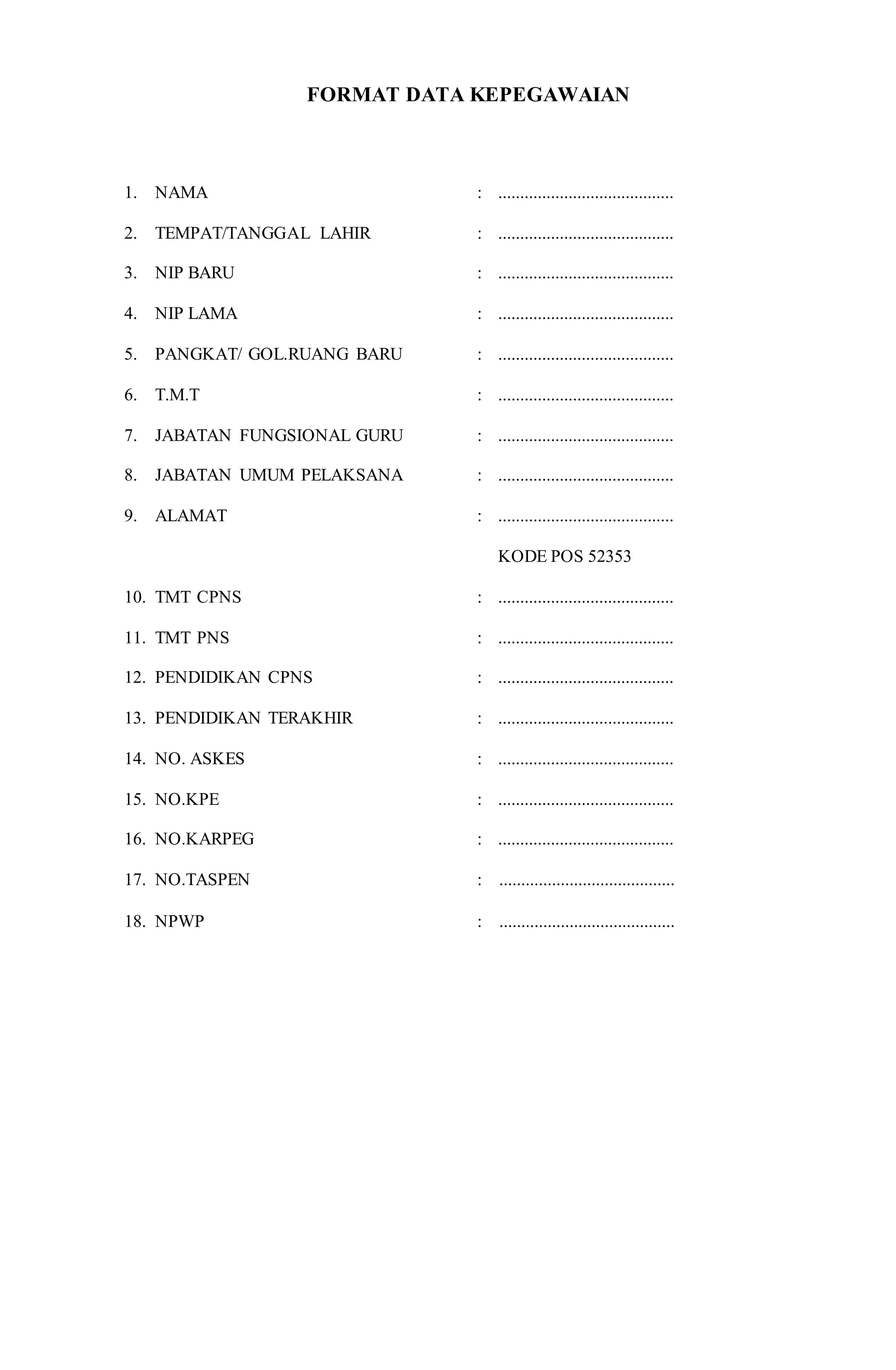 Format data kepegawaian 2014 | DOCX