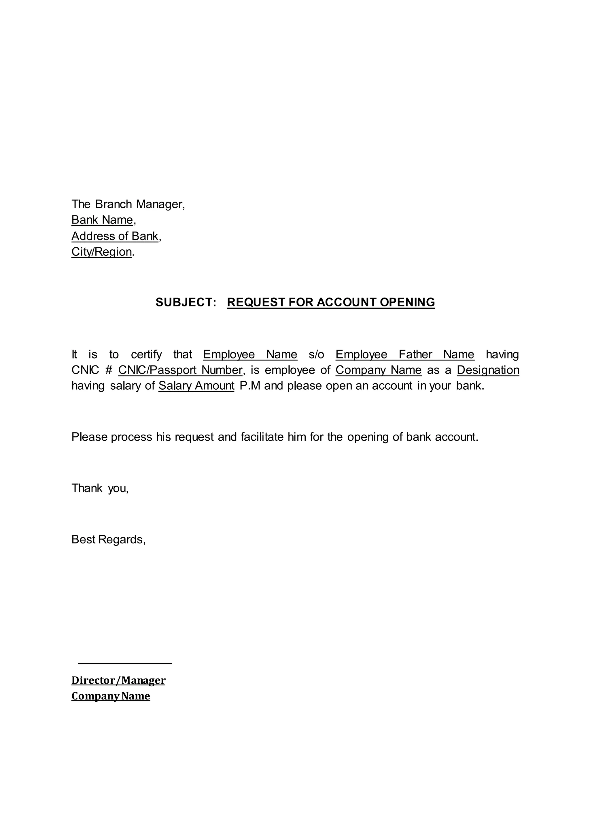 Format of Bank Account Opening Request | DOCX