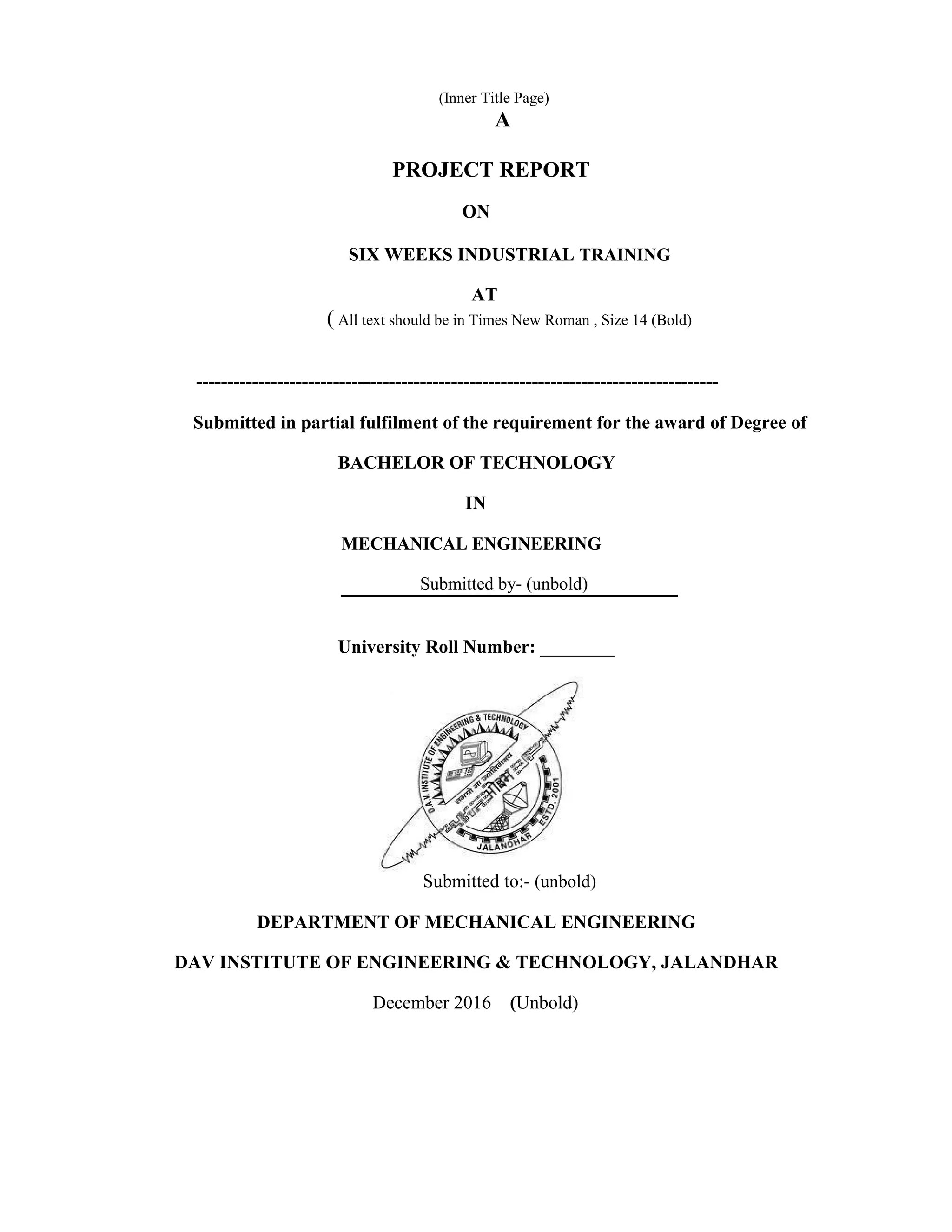 Format for six weeks industral training | DOC