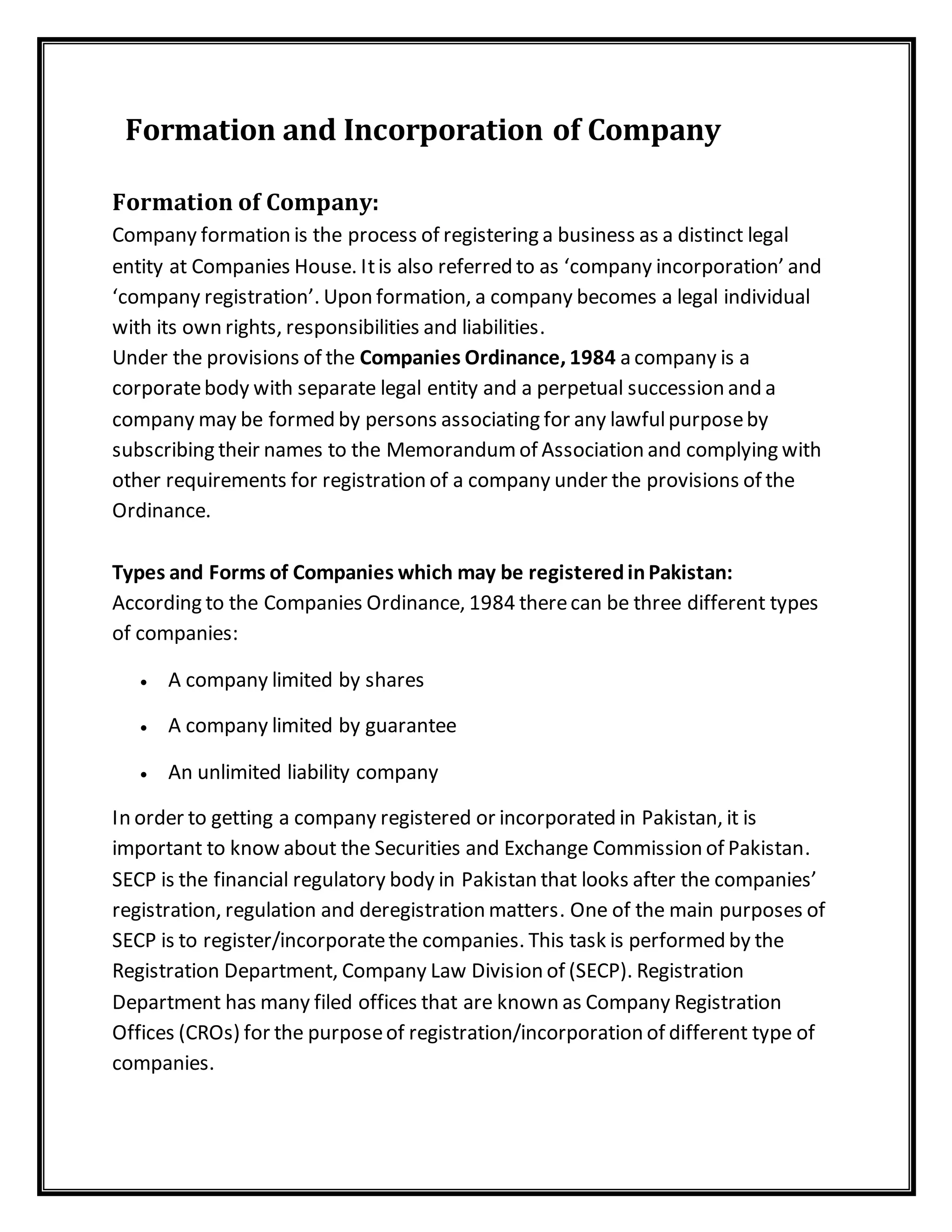 Formation and incorporation of company | PDF