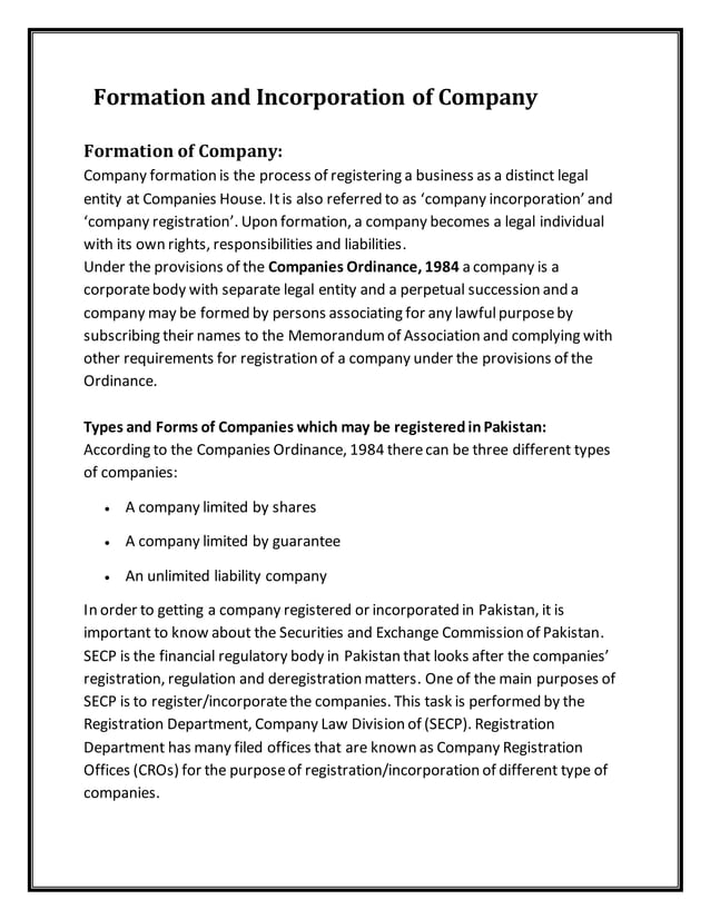Formation and incorporation of company | PDF