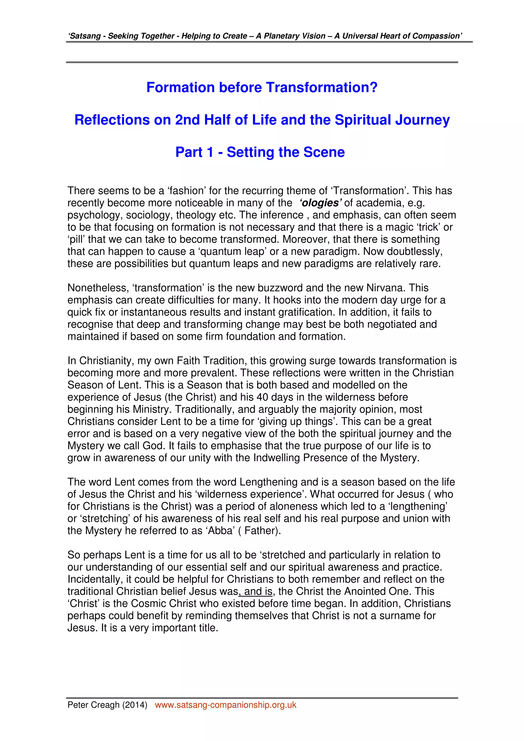 Formation before transformation Questions for the Spiritual Traveller | PDF