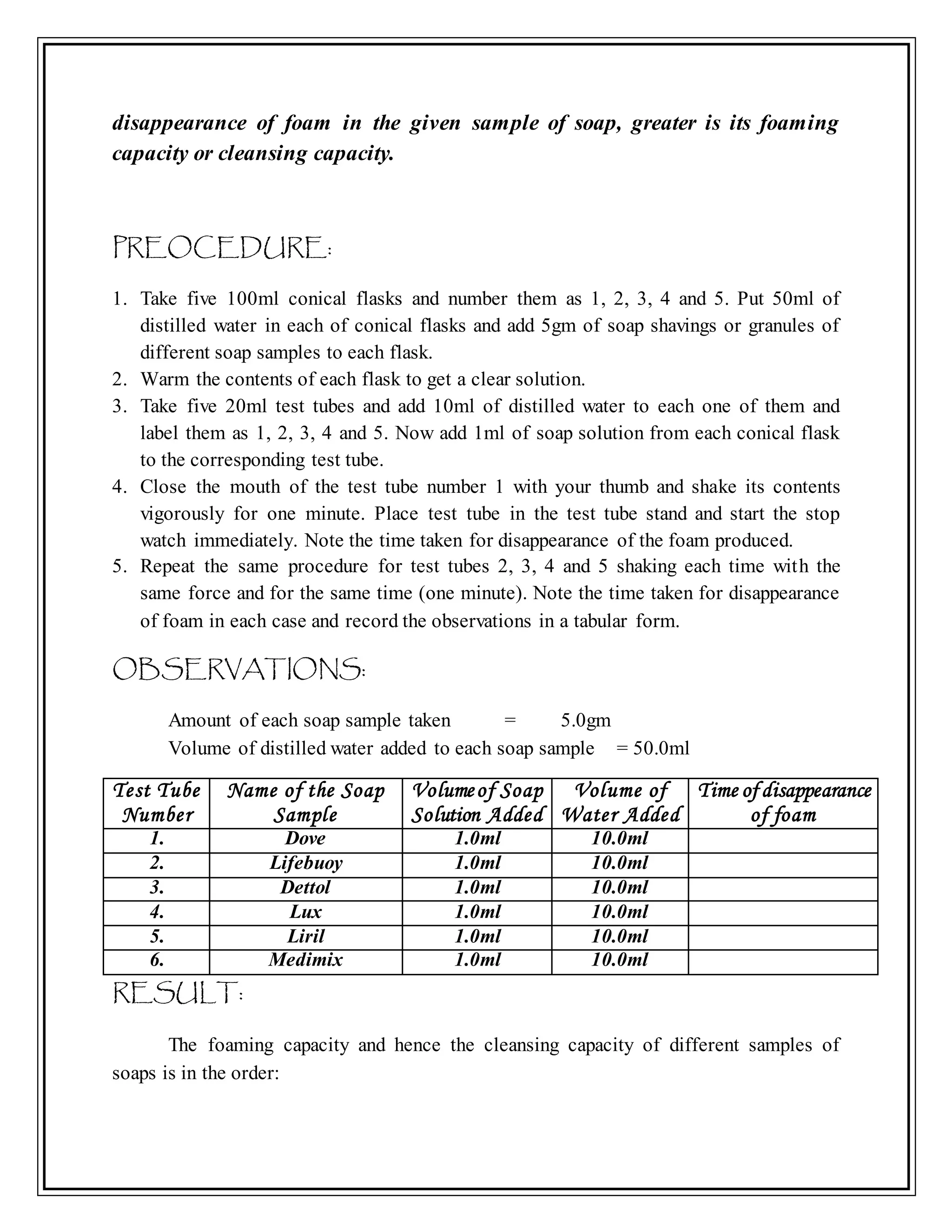 Formation of soap & foaming capacity of soap | DOCX