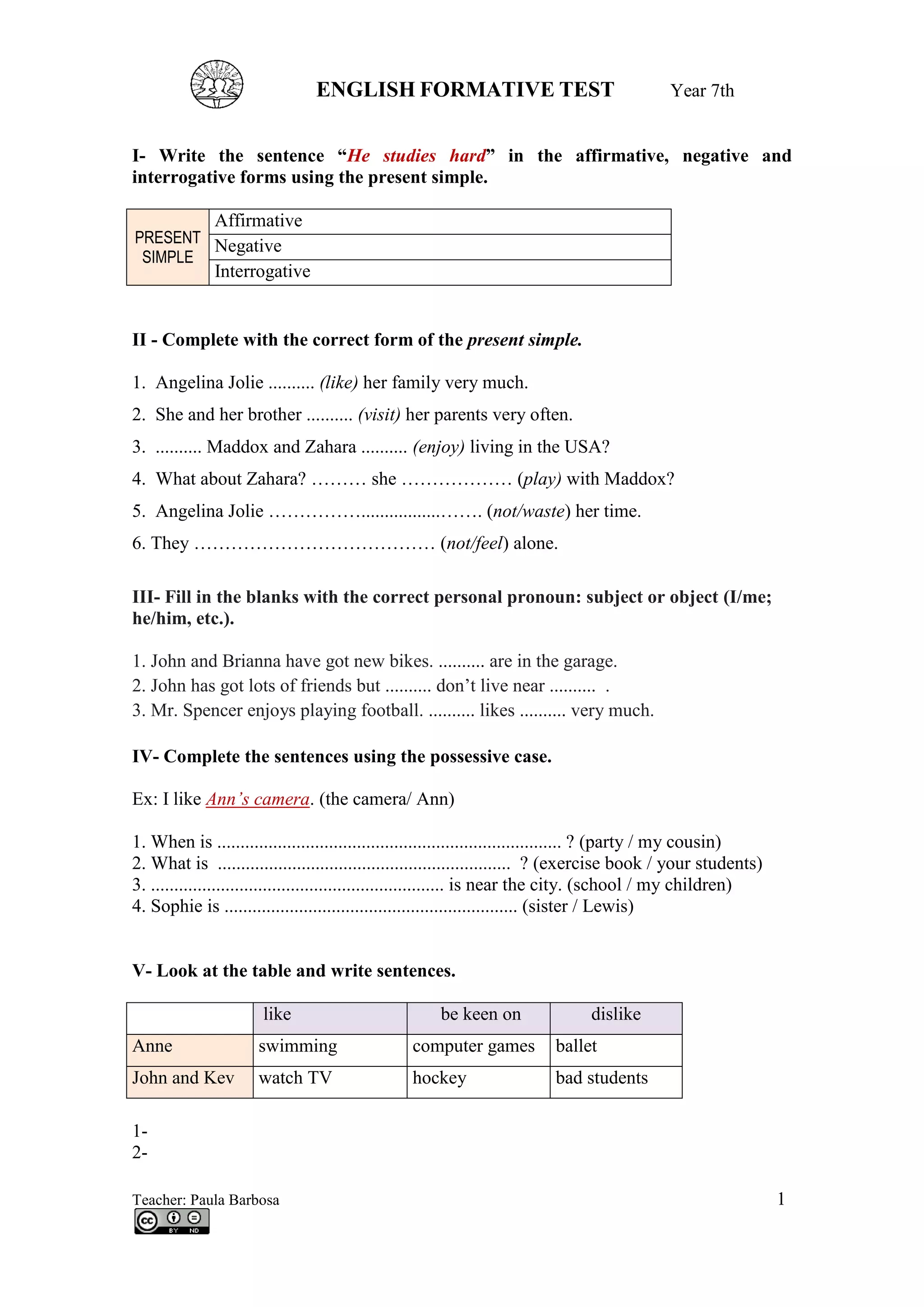 Formative test dec 2011 year 7 with key | PDF