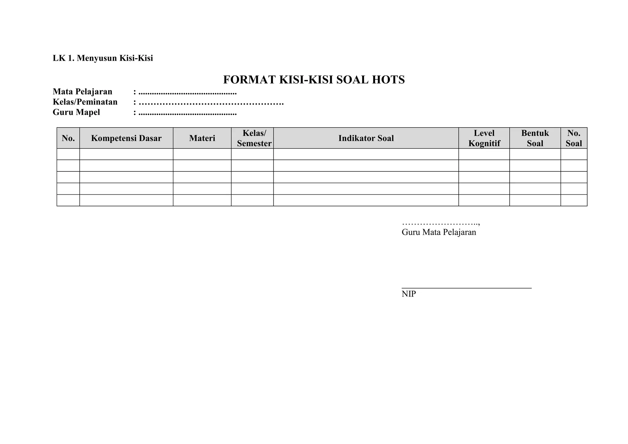 Format Kisi-kisi, Kartu soal, Telaah soal.docx