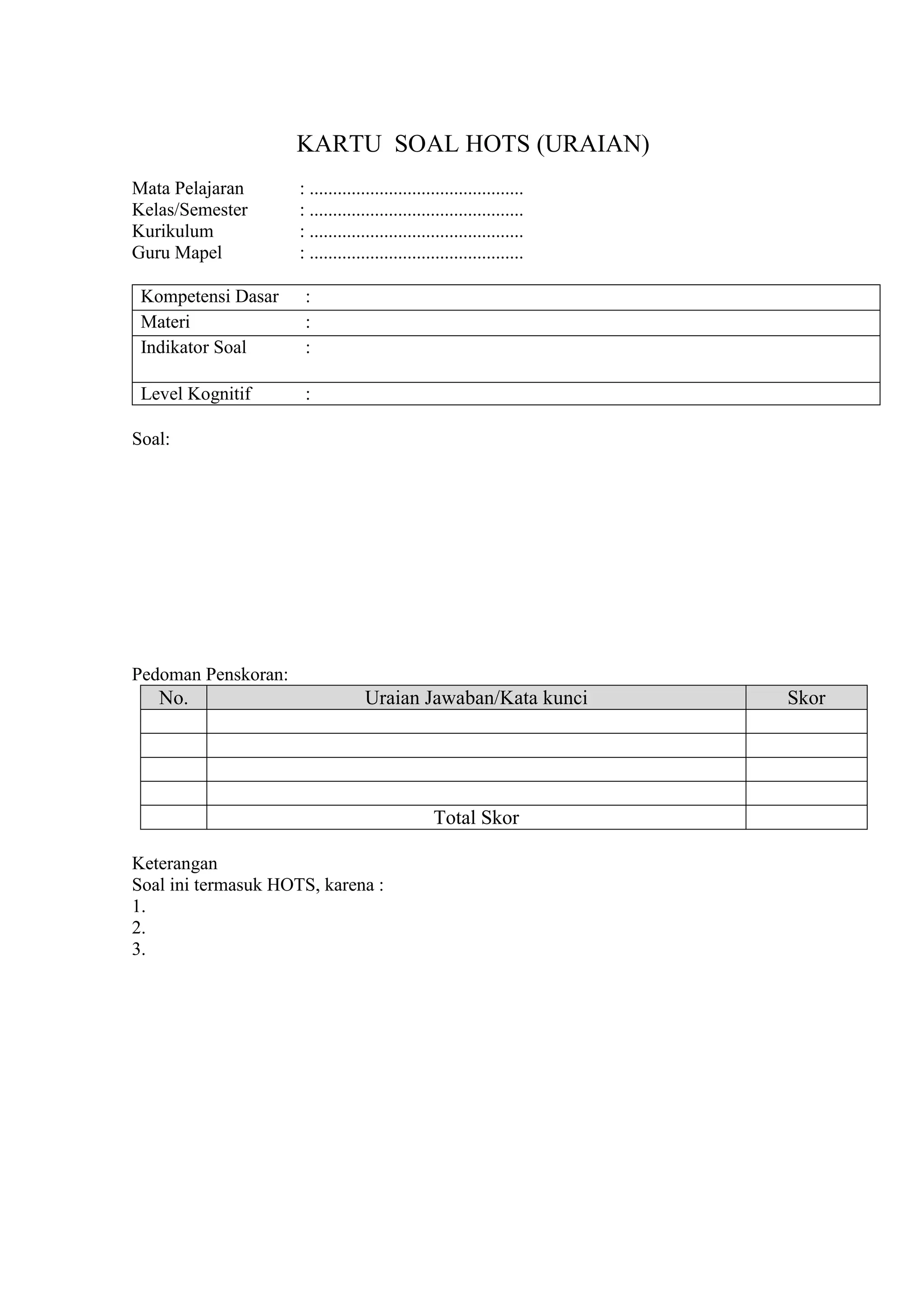 Format Kisi-kisi, Kartu soal, Telaah soal.docx