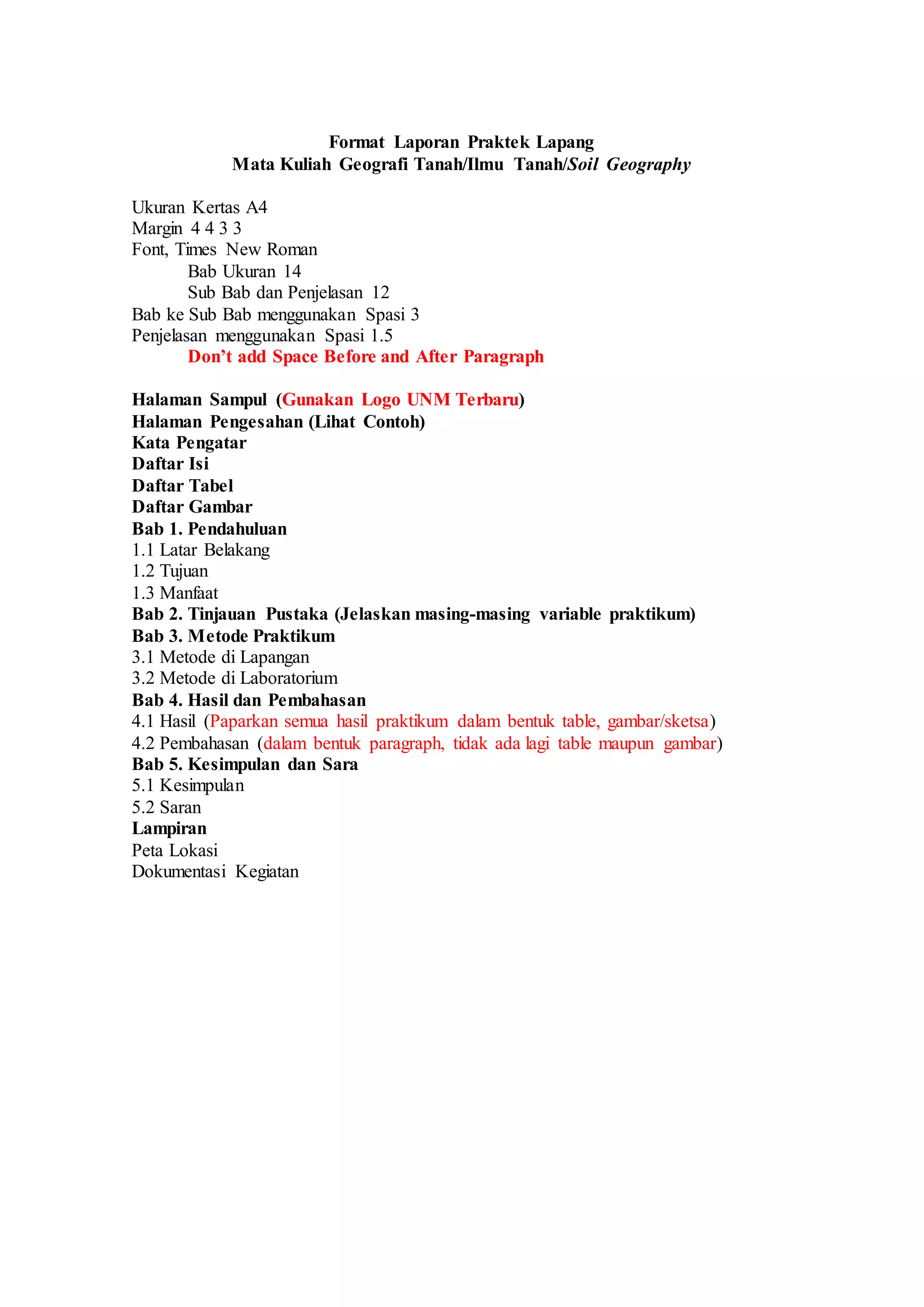 Format Laporan Ilmu Tanah/Geografi Tanah/Soil Geography 2019 | DOCX