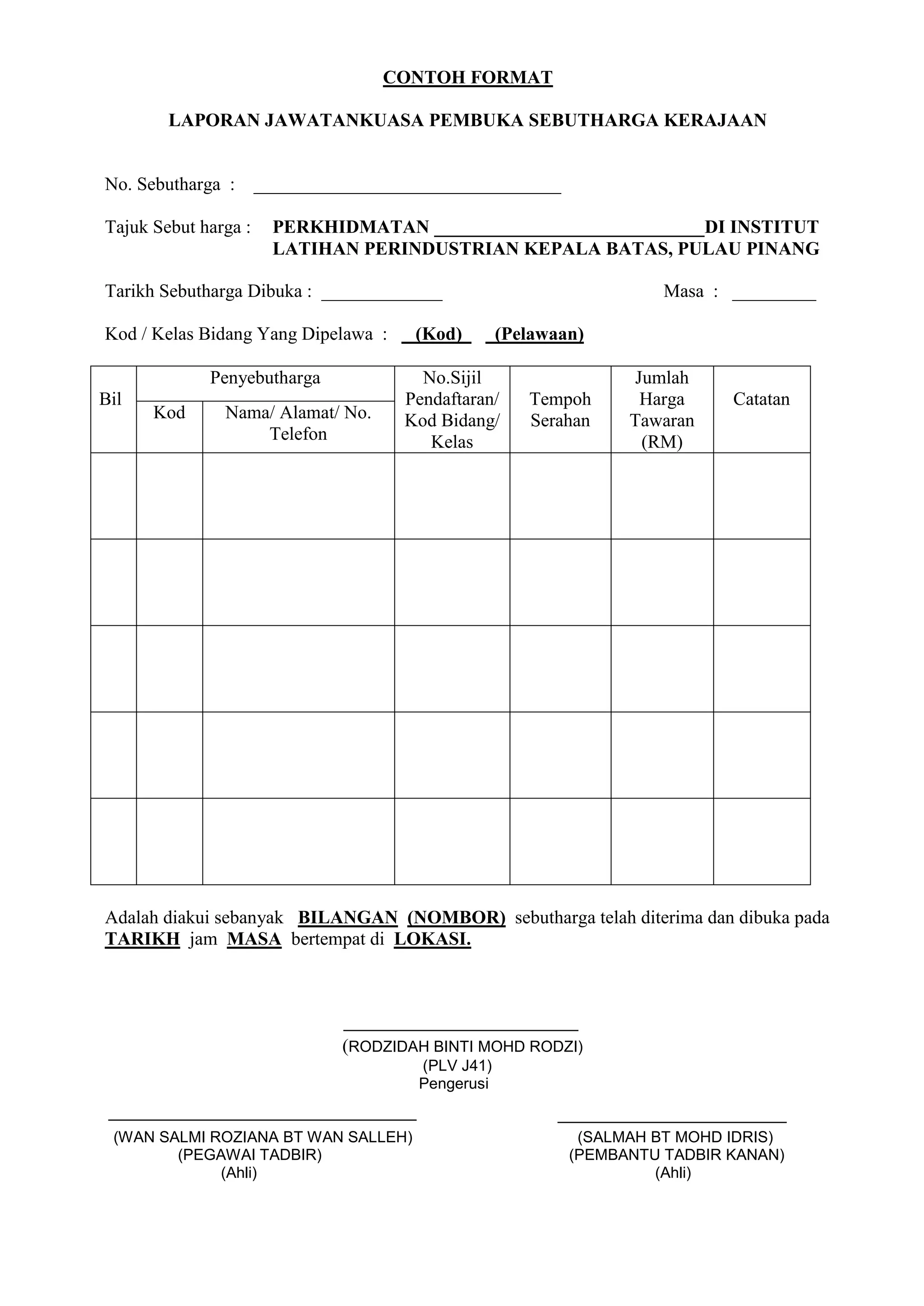 Format Laporan Jawatankuasa Pembuka Sebutharga Kerajaan | PDF