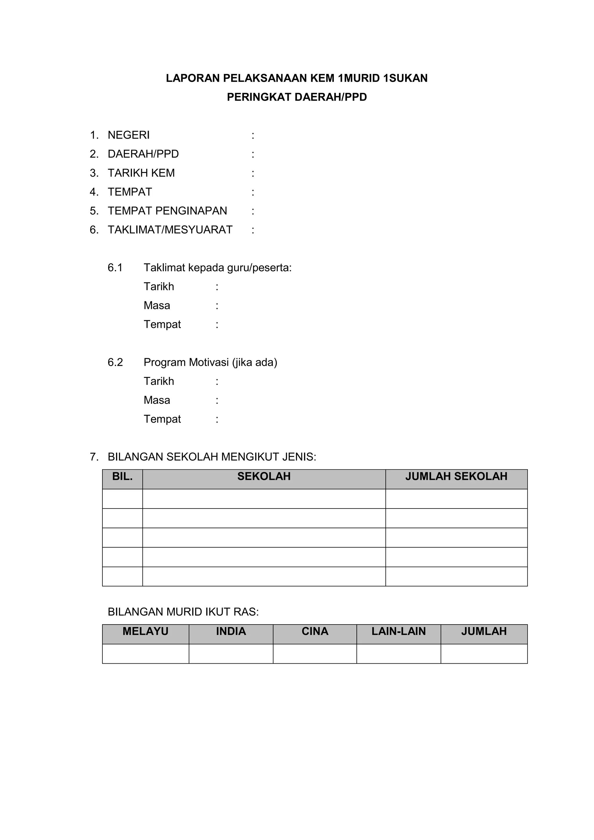 Format laporan pelaksanaan kem 1 murid 1sukan | PDF