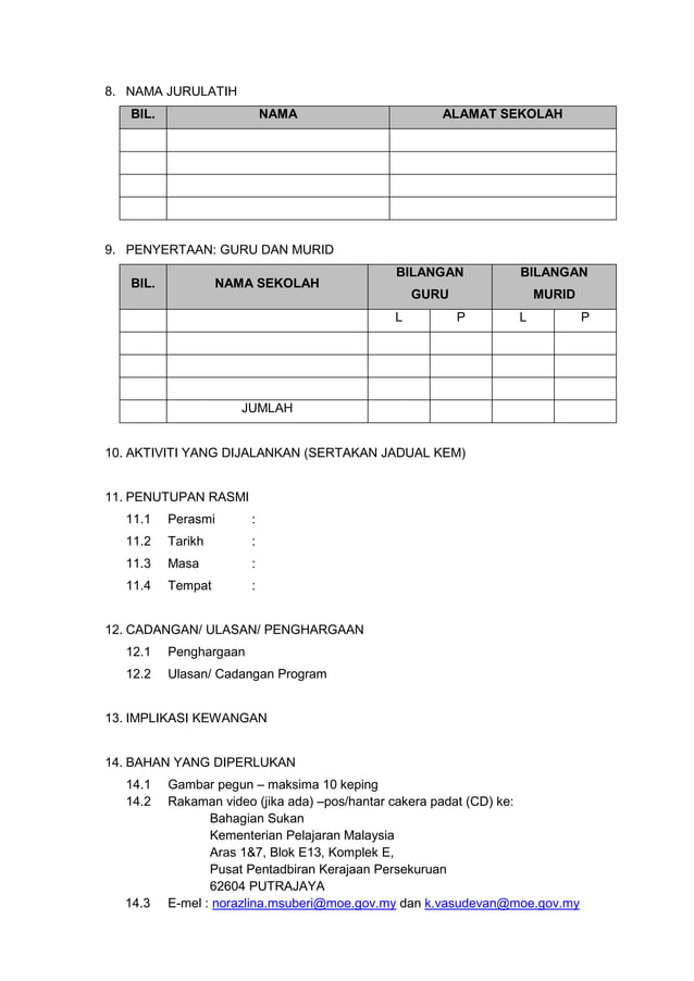 Format laporan pelaksanaan kem 1 murid 1sukan | PDF