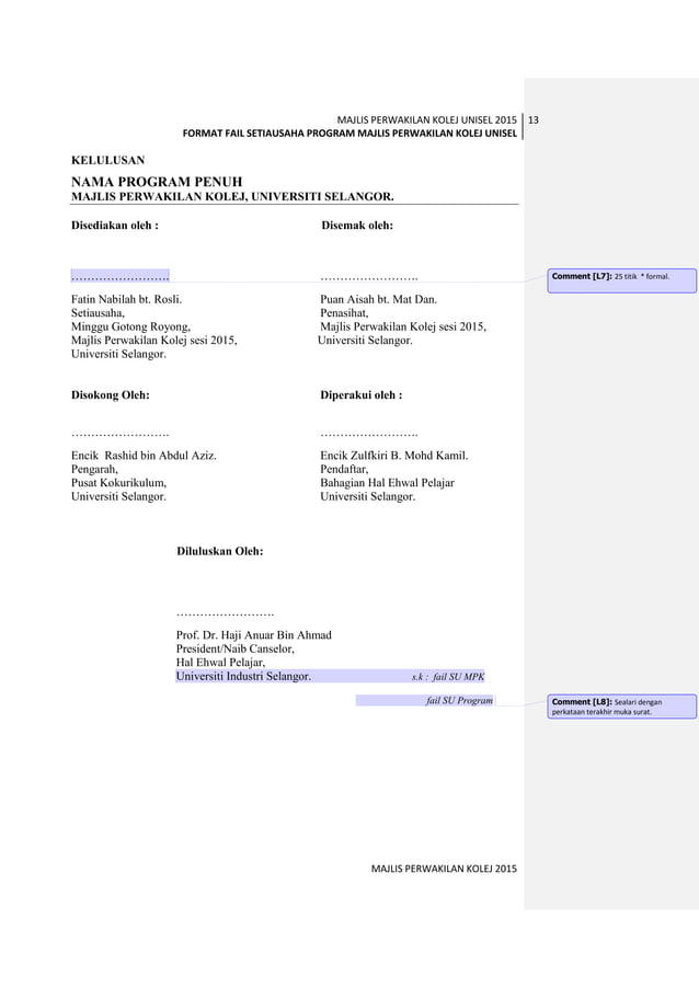 2015, RUJUKAN: FORMAT LENGKAP SETIAUSAHA PROGRAM/ PERSATUAN/KELAB ...
