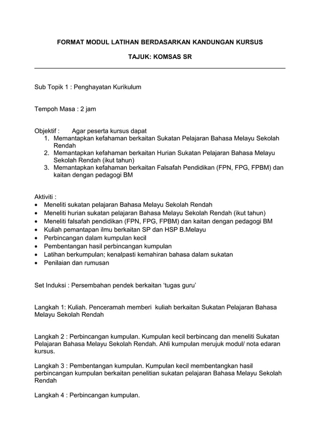 Format modul latihan berdasarkan kandungan kursus (2) | DOC