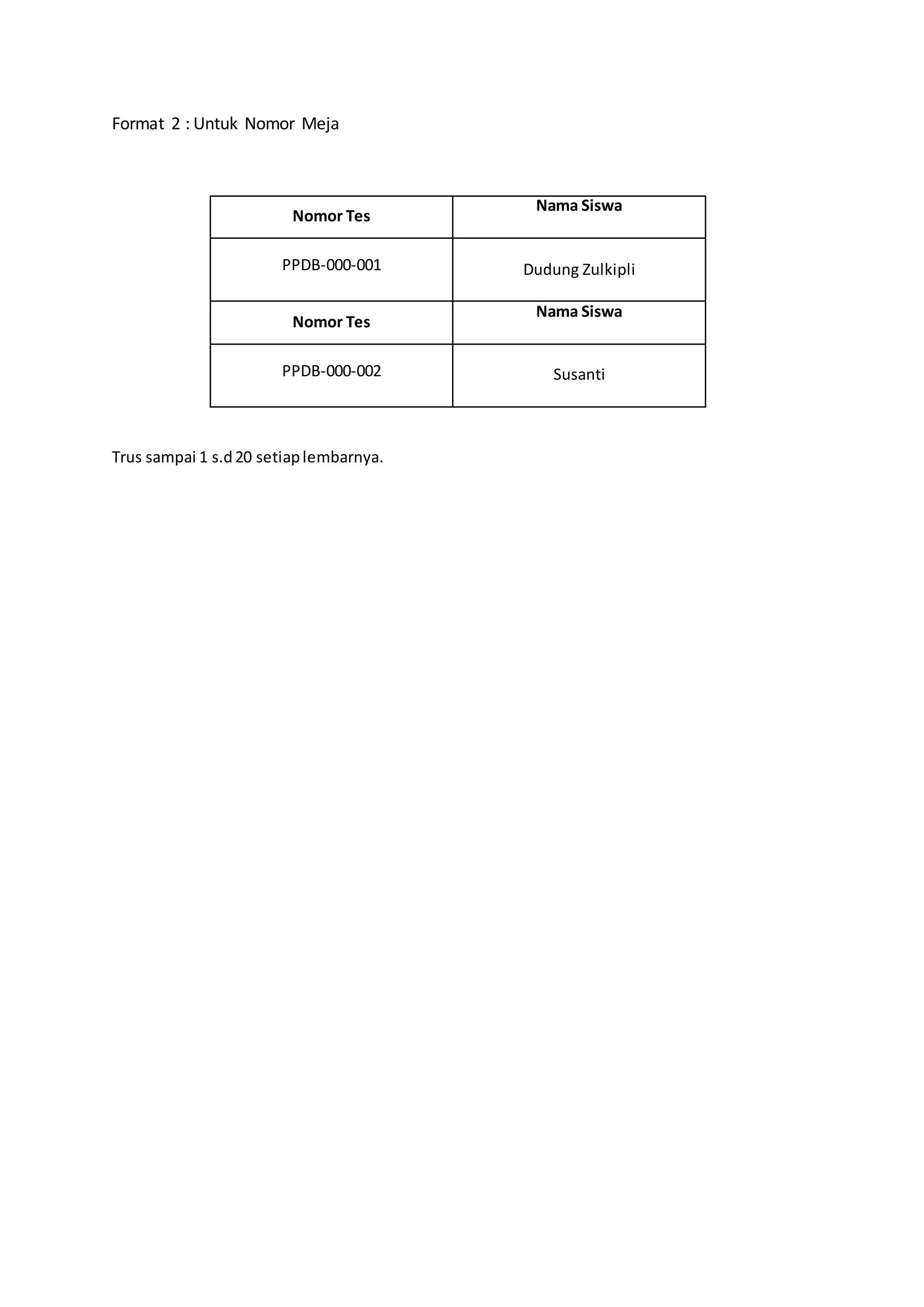 Format nomor meja tambahan | DOCX