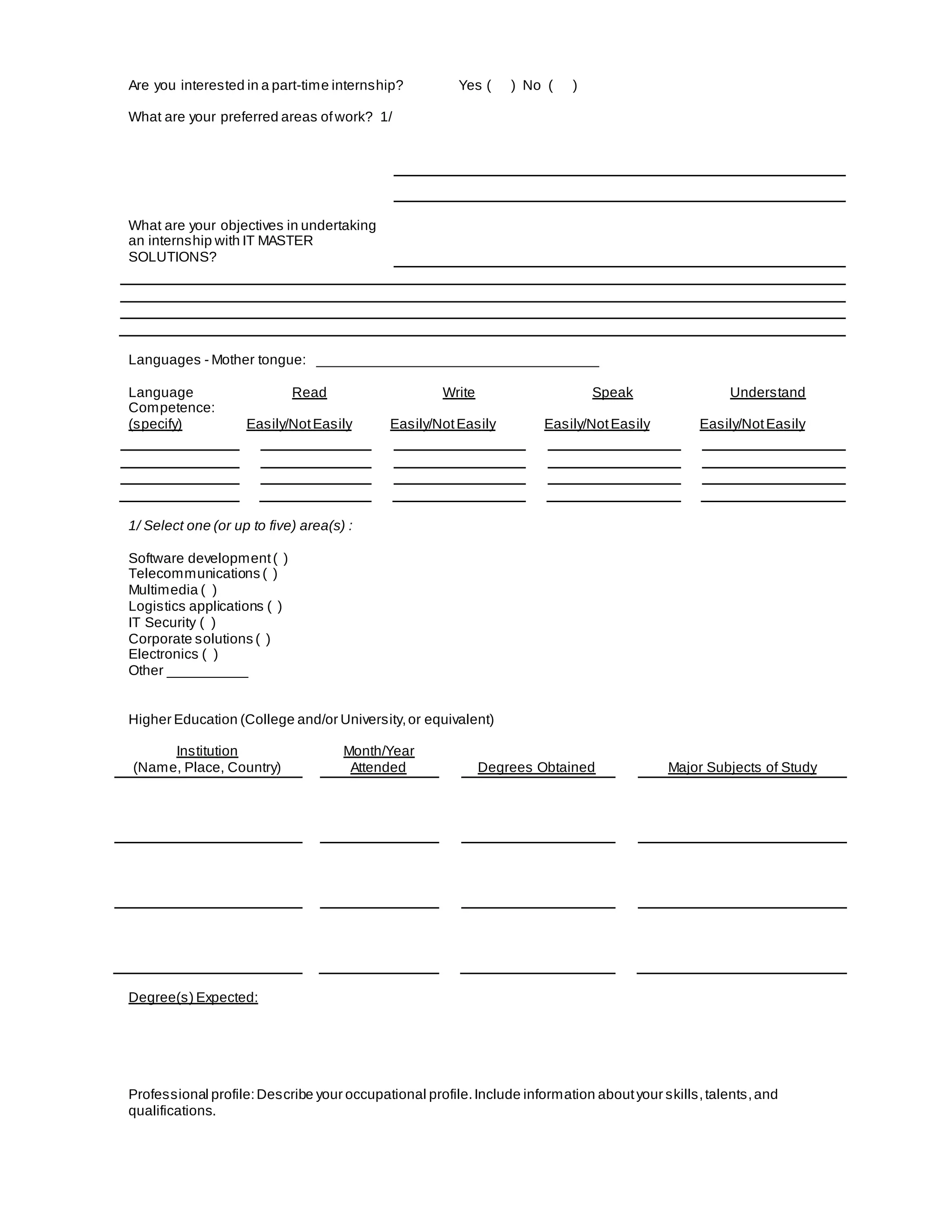 Formato Internship Application Form Pdf Free Download