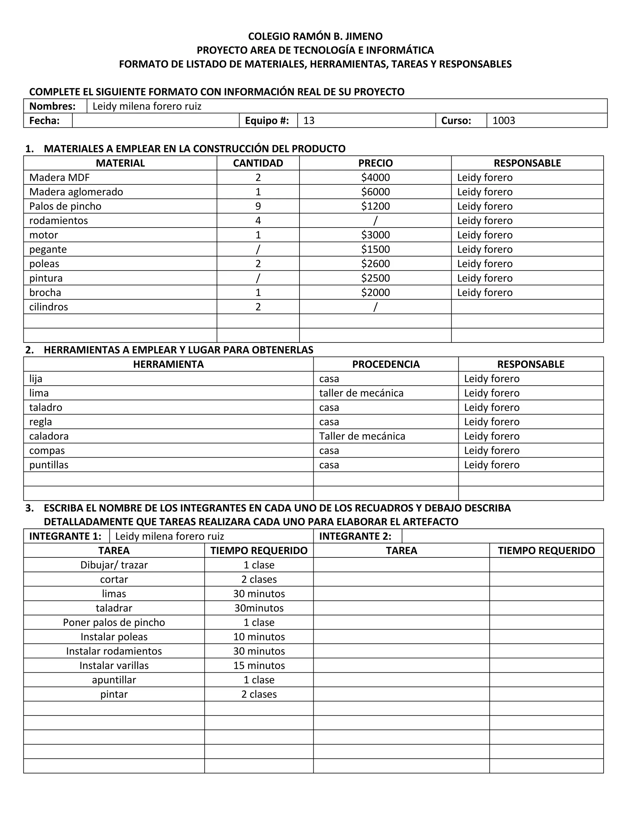 Formato de listado de materiales, herramientas, tareas y responsables ...