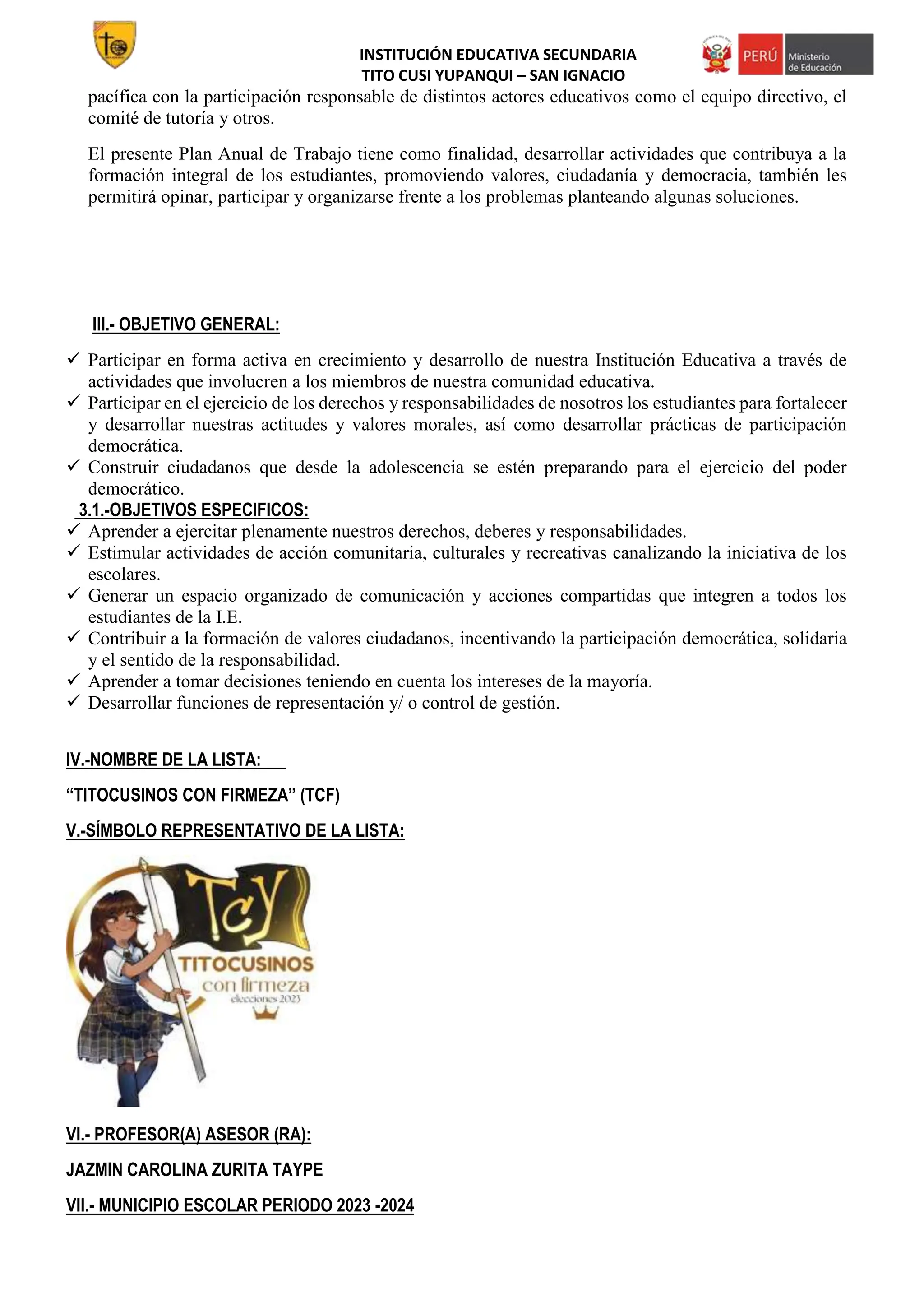 FORMATO DE SOLICITUD DE INSCRIPCIÓN DE LISTA Y PLAN DE TRABAJO IE TCY ...
