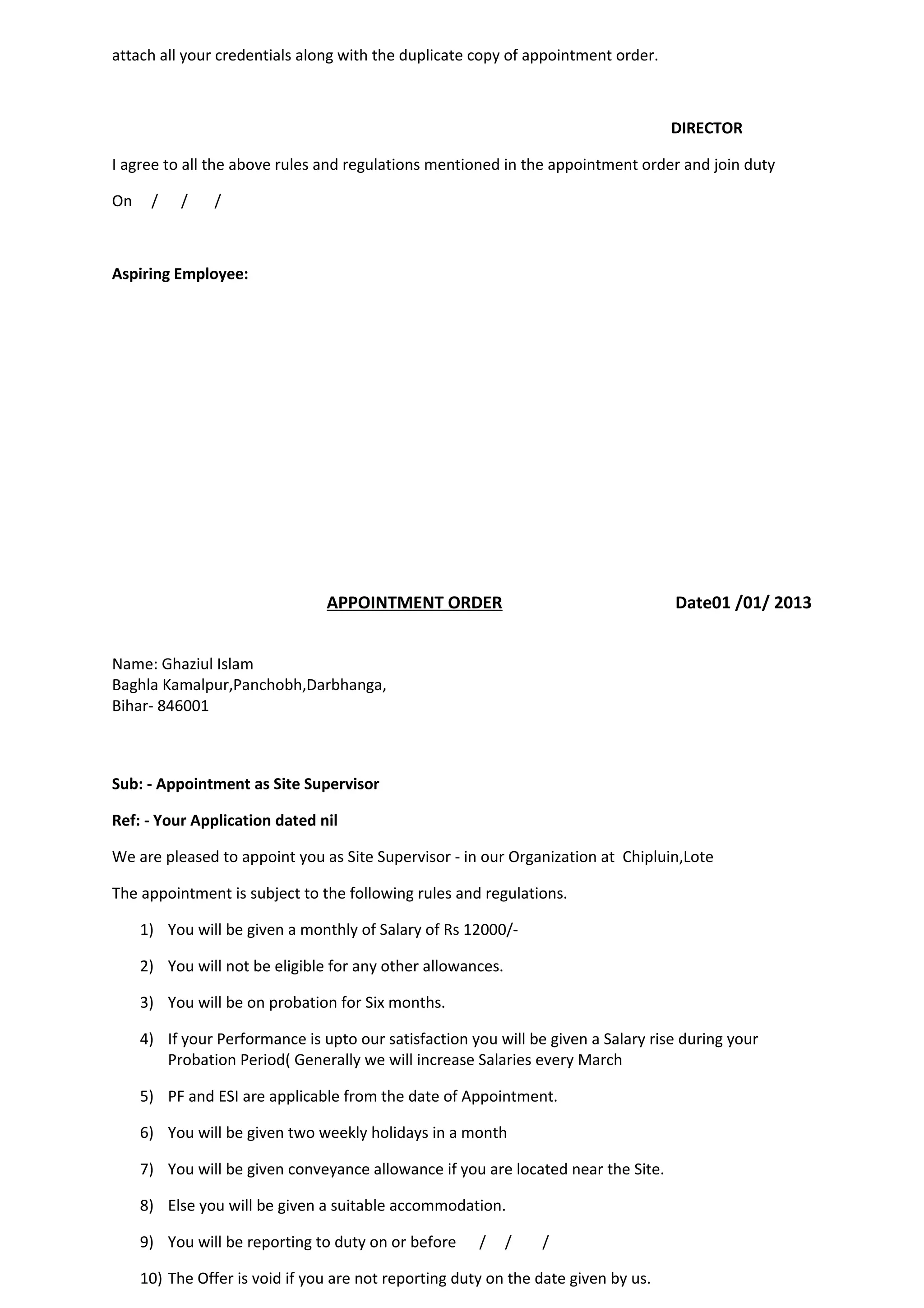 Format of appointment order | DOC