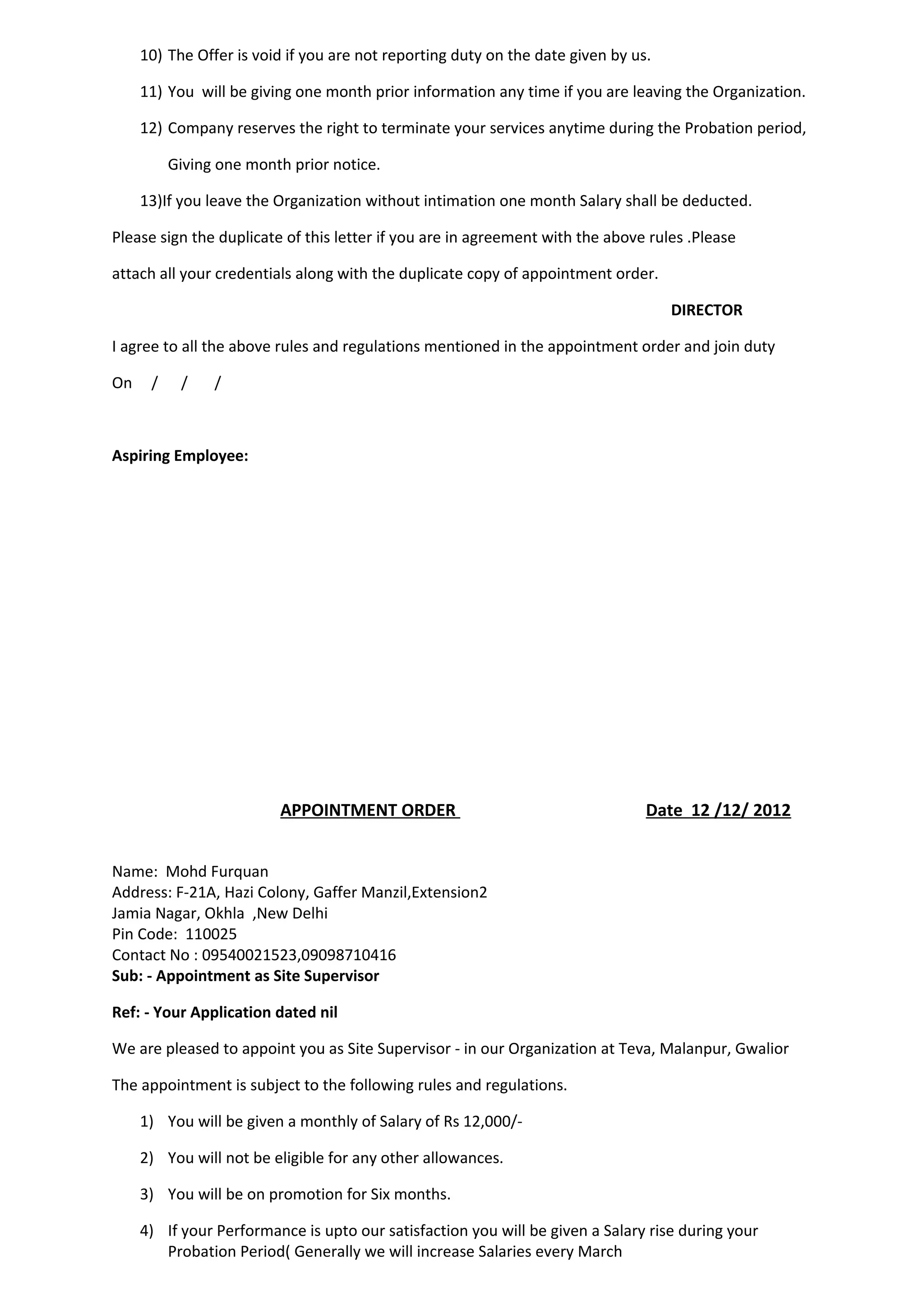 Format of appointment order | DOC