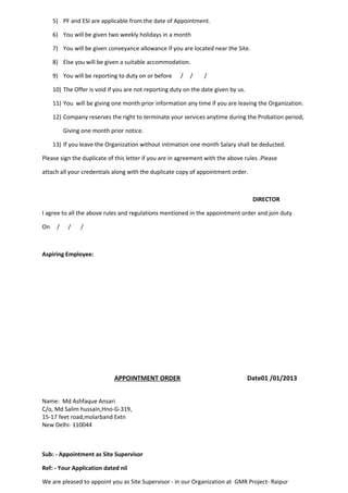 Format of appointment order | DOC