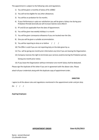 Format of appointment order | DOC