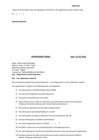 Format of appointment order | DOC