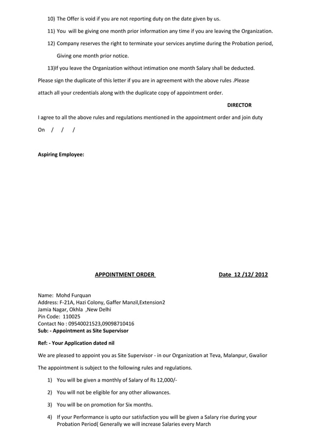 Format of appointment order | DOC