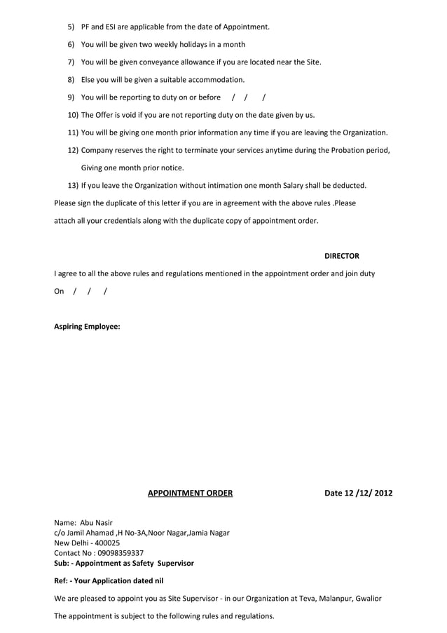 Format of appointment order | DOC