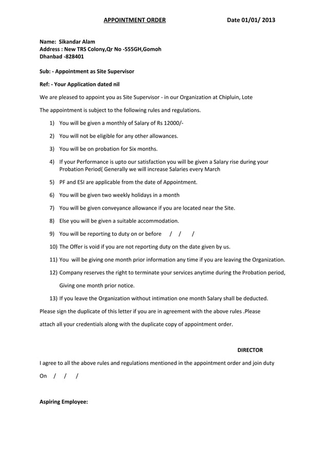 Format of appointment order | DOC