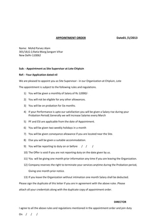 Format of appointment order | DOC