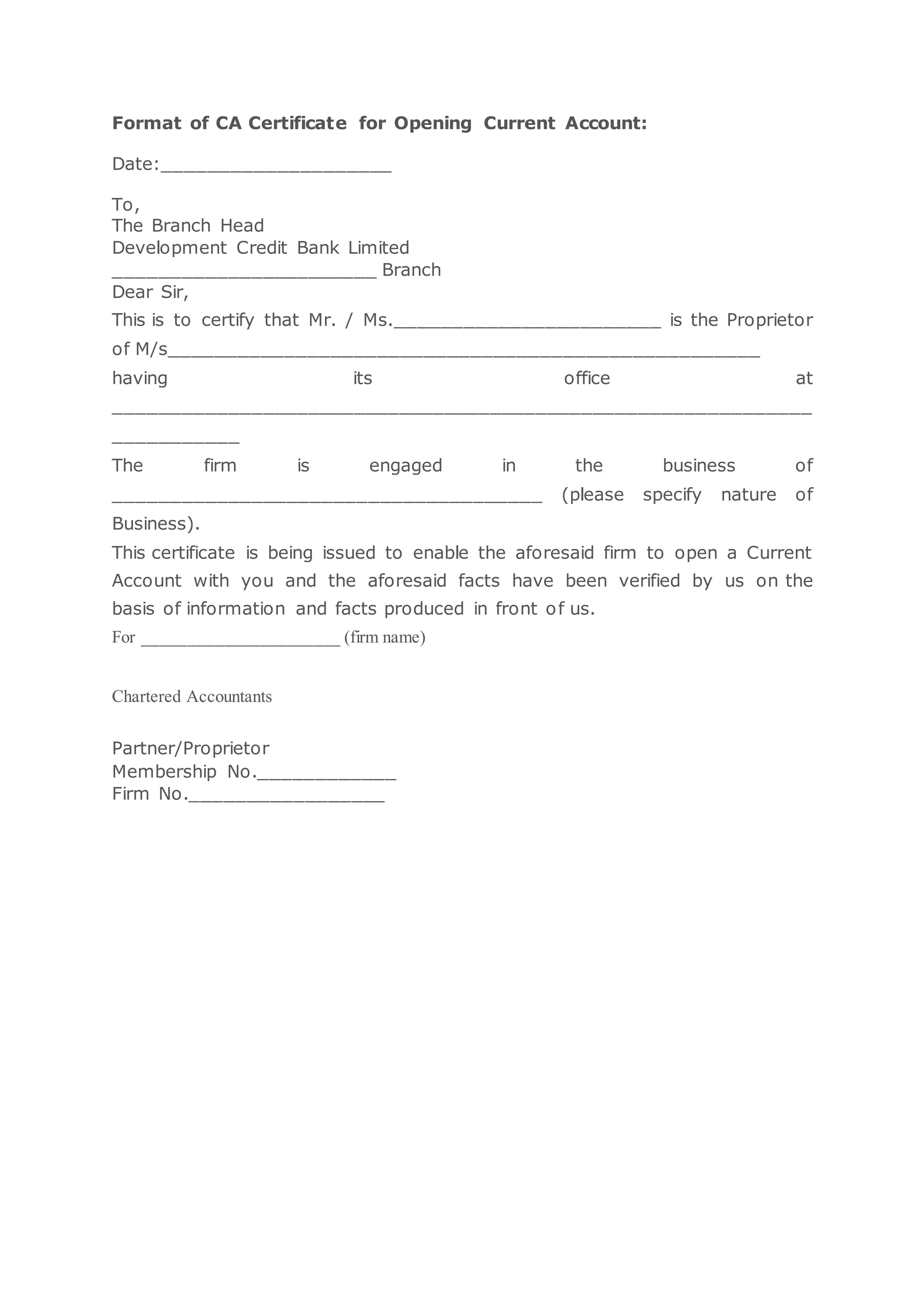CA Certificate format in word for Current Bank Account | DOCX