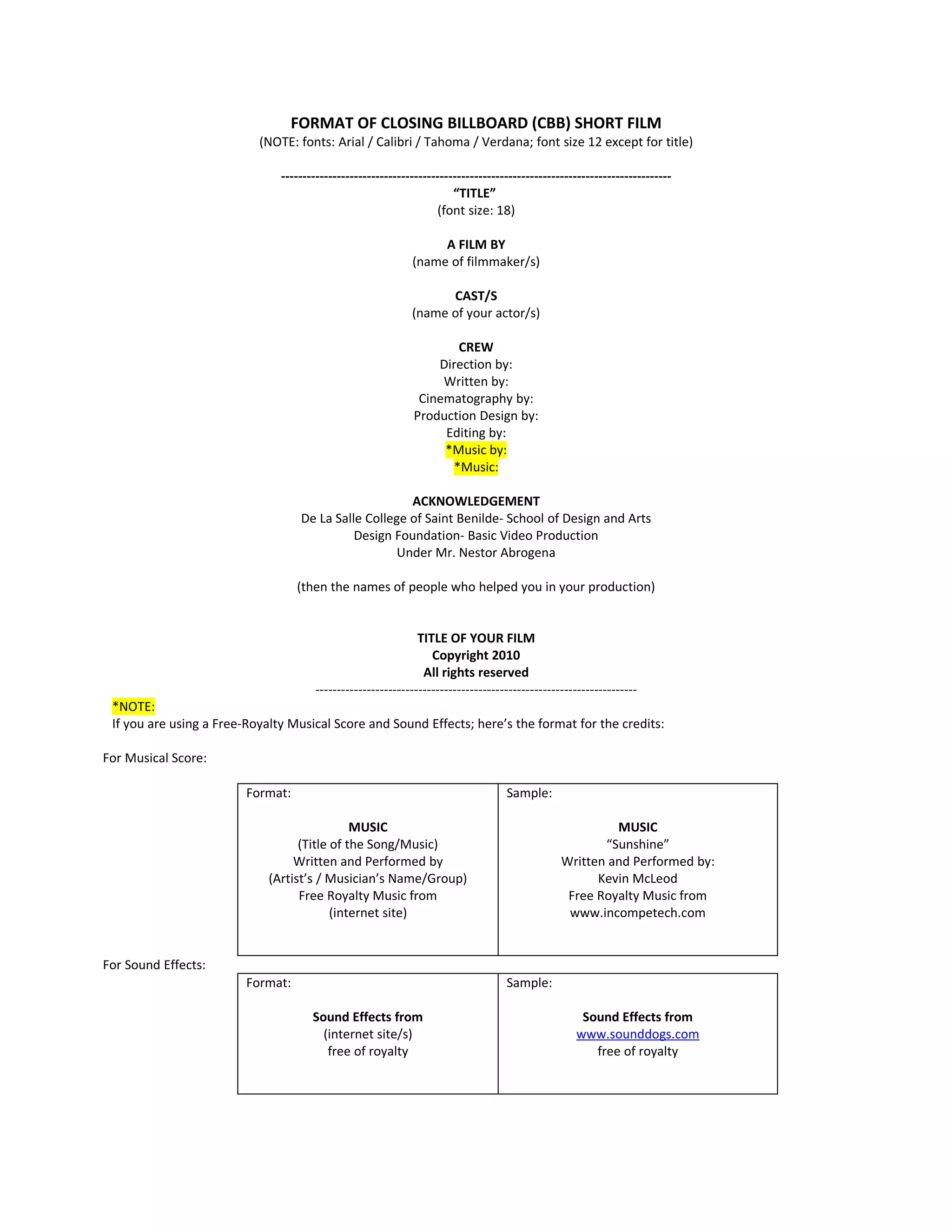 Format of closing billboard | DOC