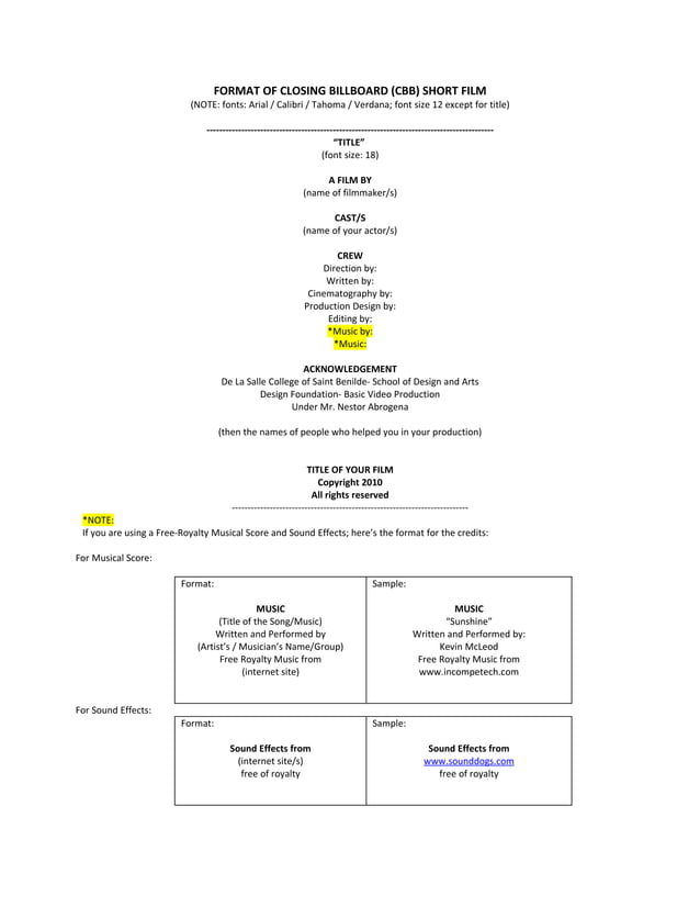 Format of closing billboard | DOC