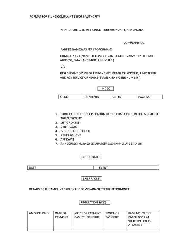 RERA Panchkula Haryana Complaint Format | PDF | Legal Services Industry | Industries