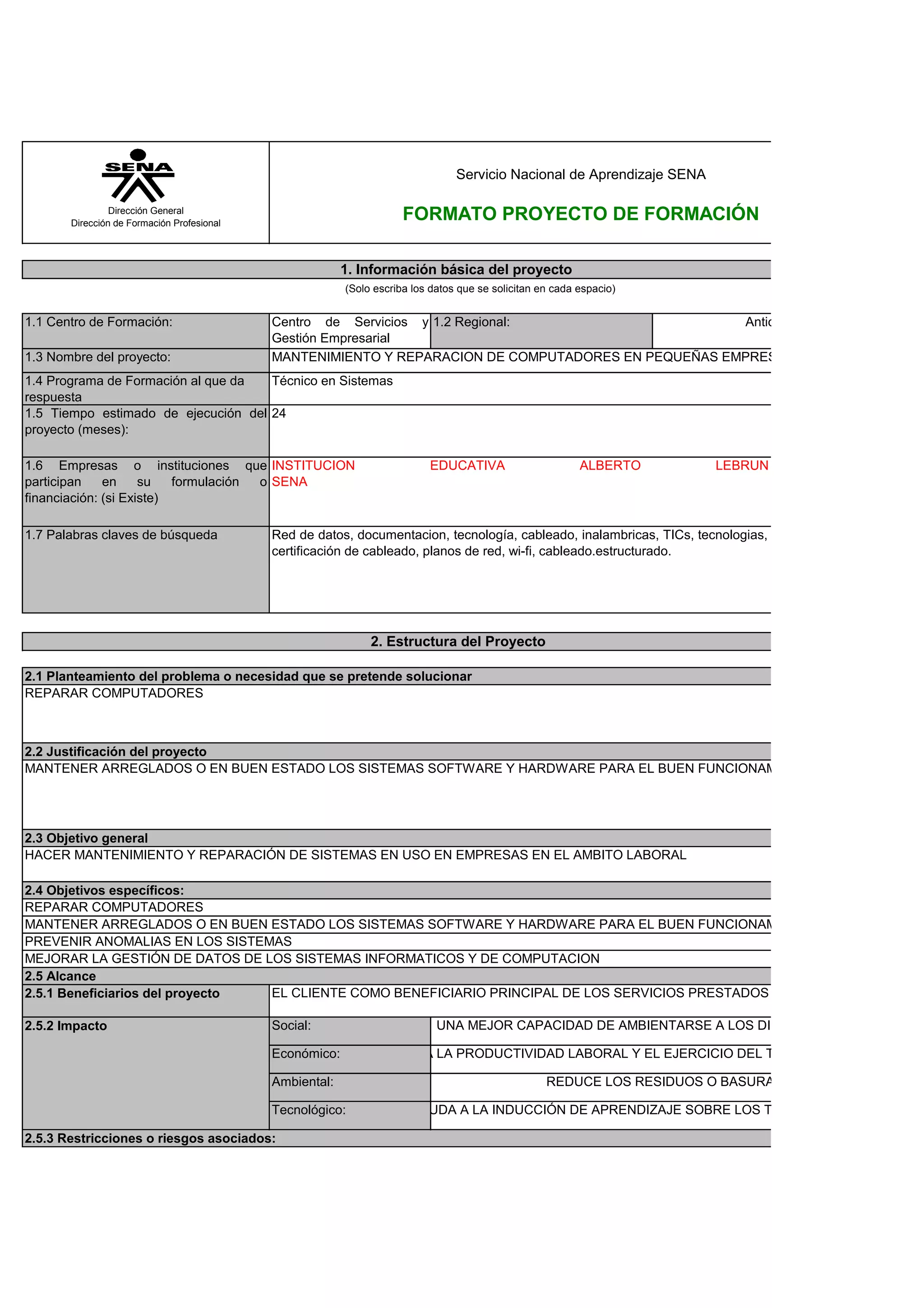 Formato ficha proyecto ie alberto lebrum corrección | PDF