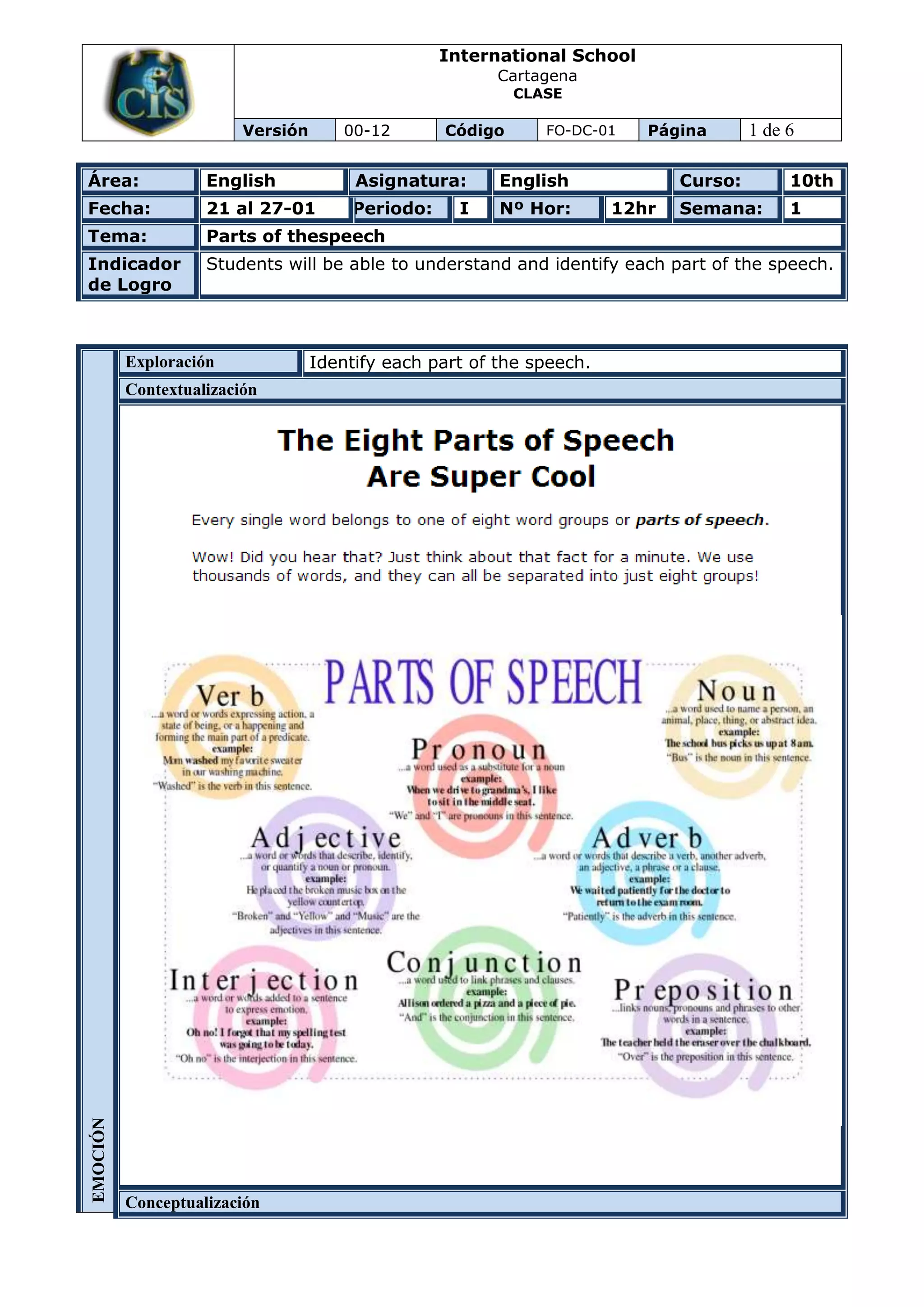 Formato plano 10th week1_part_speech | PDF