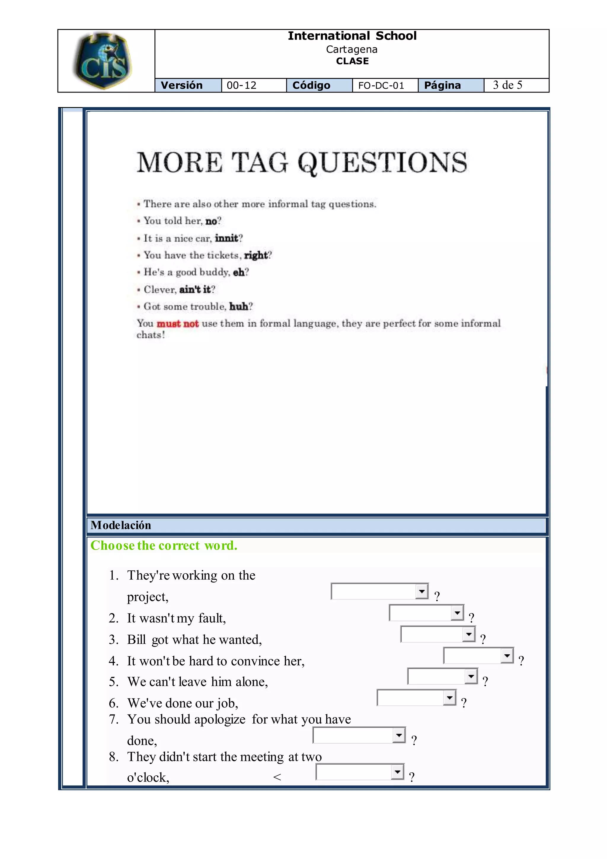 Formato plano 11th week9_tag questions | PDF