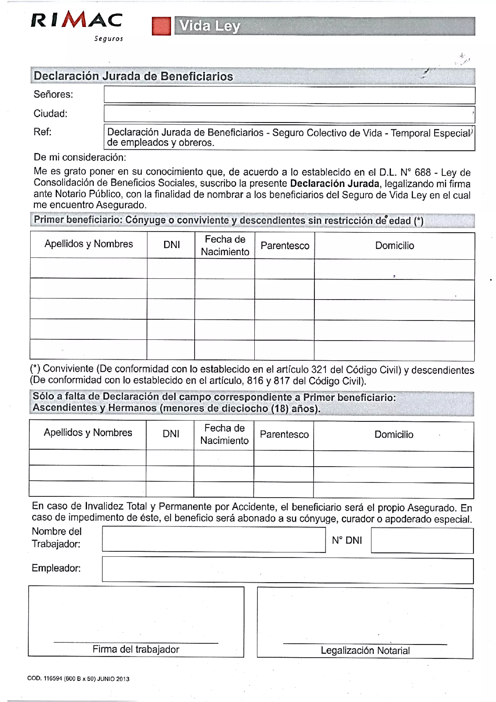 Formato rimac vida ley | PDF
