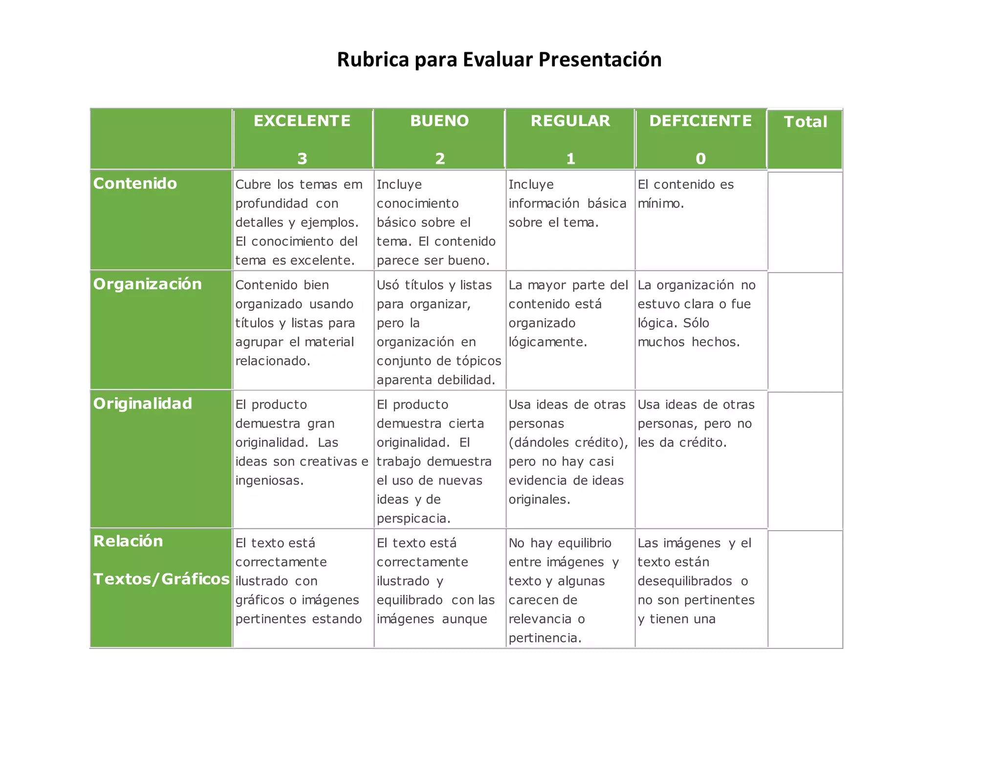 Formato rubrica para evaluar presentacion | DOCX