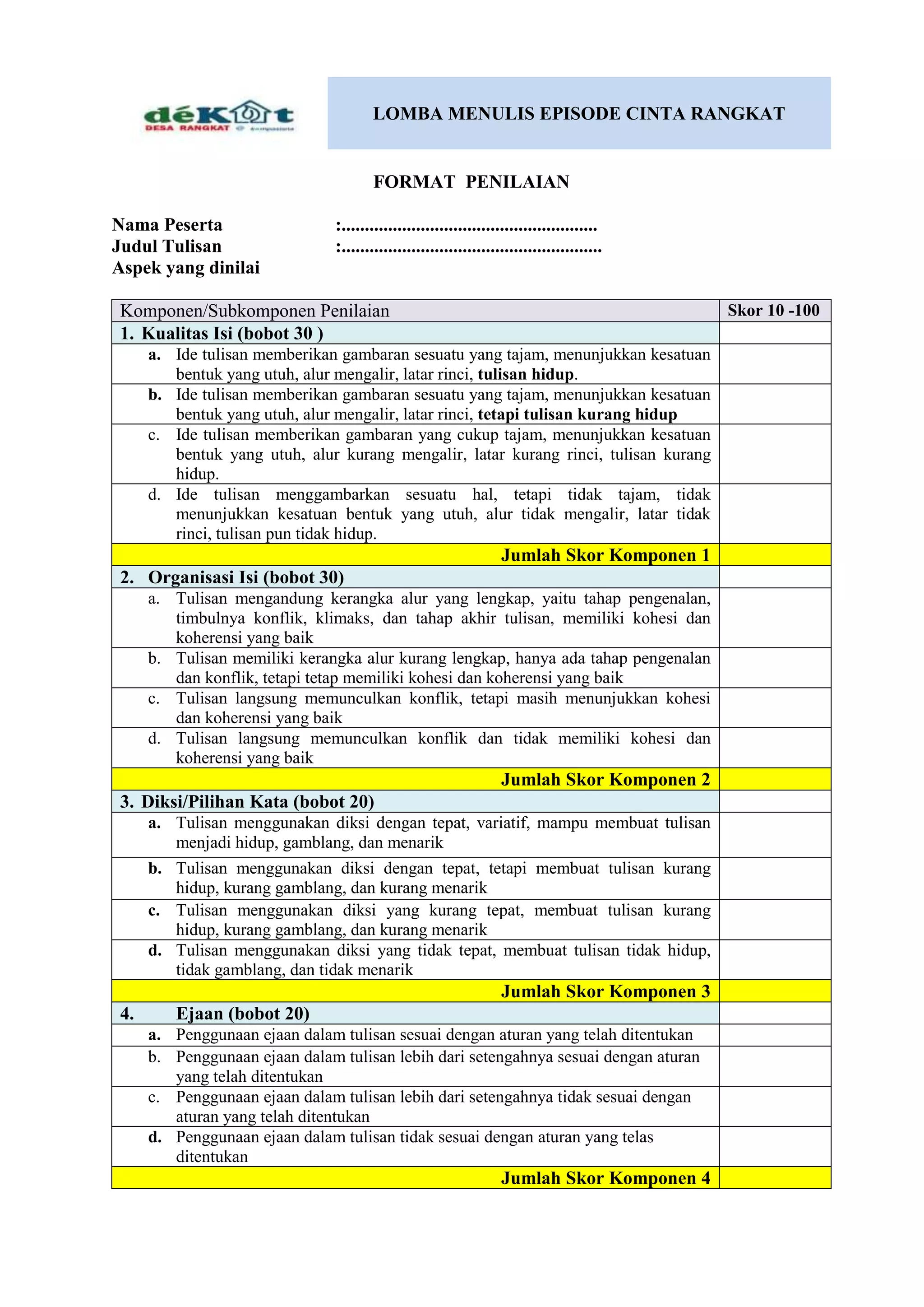 Format penilaian lomba | DOCX
