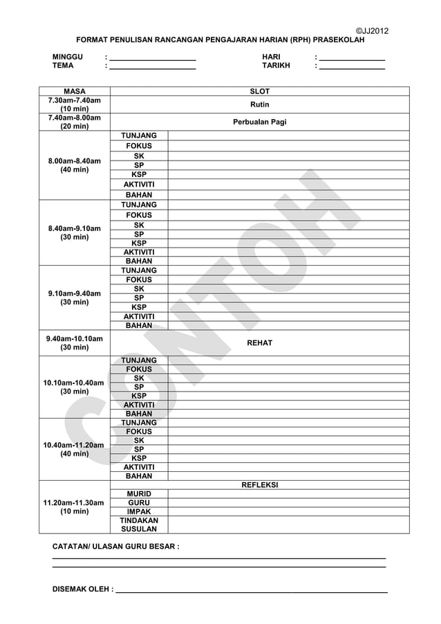 FORMAT PENULISAN RANCANGAN PENGAJARAN HARIAN (RPH) PRASEKOLAH 2012 | DOCX