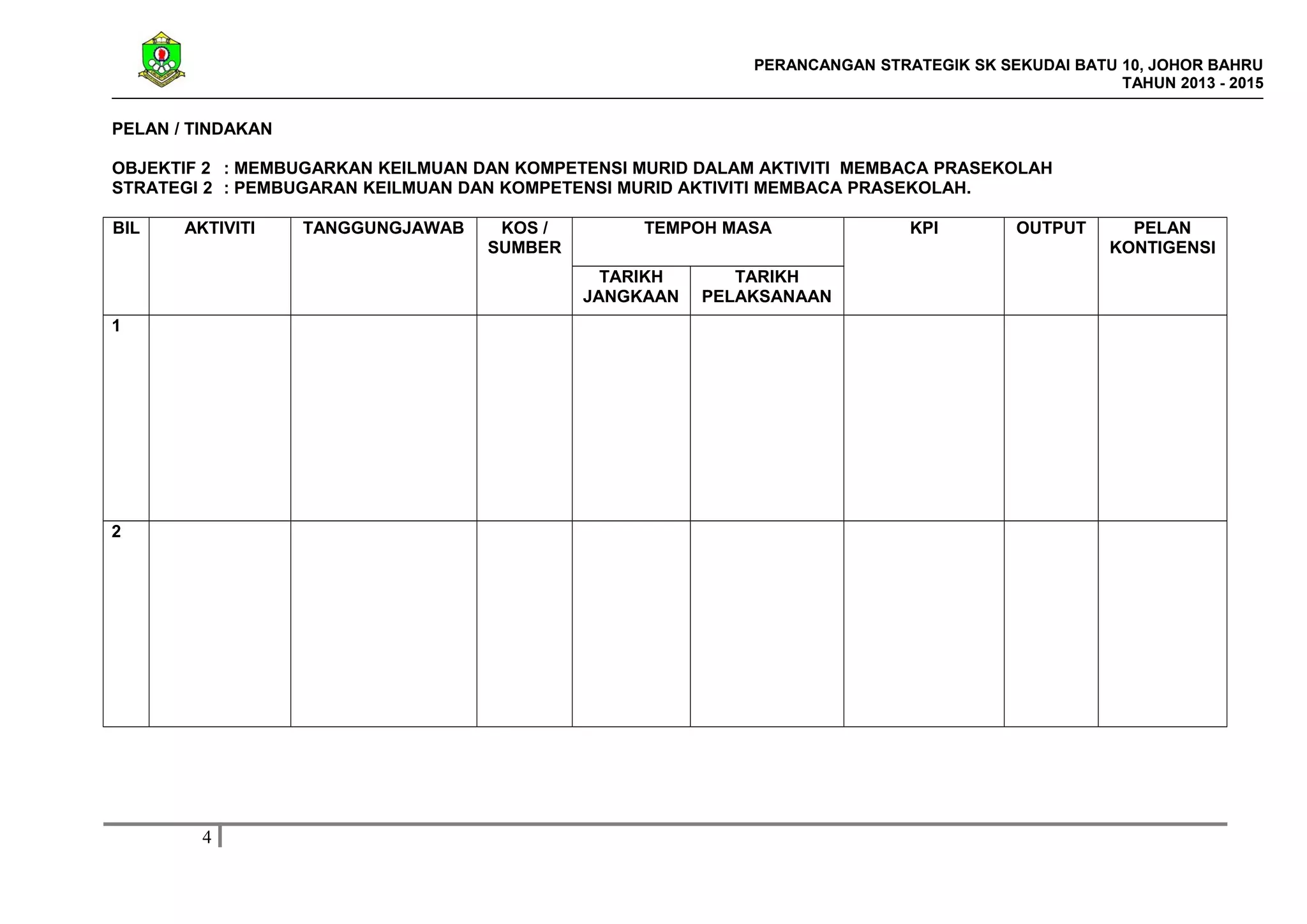Format perancangan strategik sksbt 10 | DOC