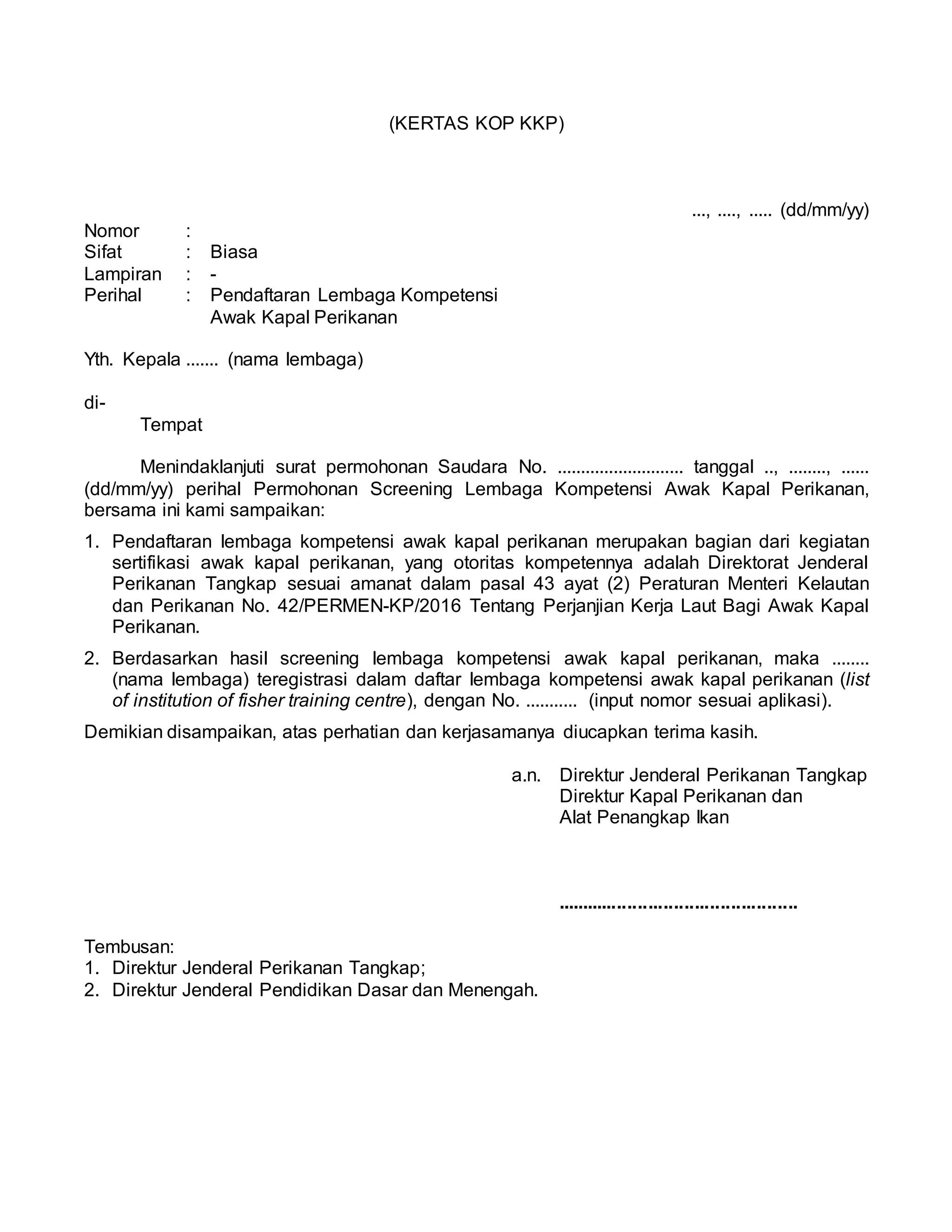 Format persuratan sertifikasi Awak Kapal Perikanan | DOCX