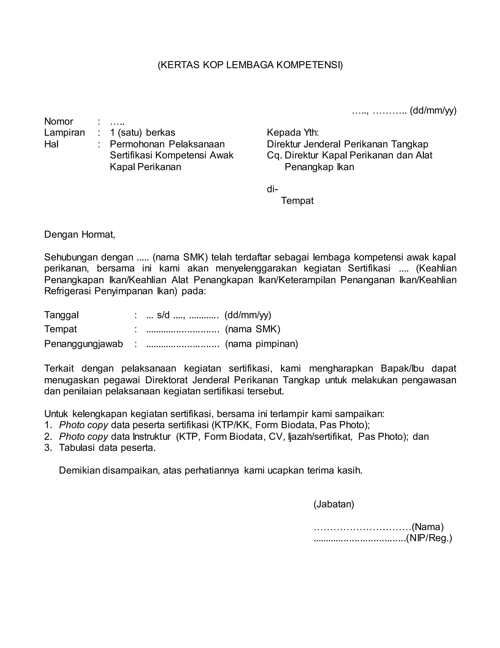 Format persuratan sertifikasi Awak Kapal Perikanan | DOCX
