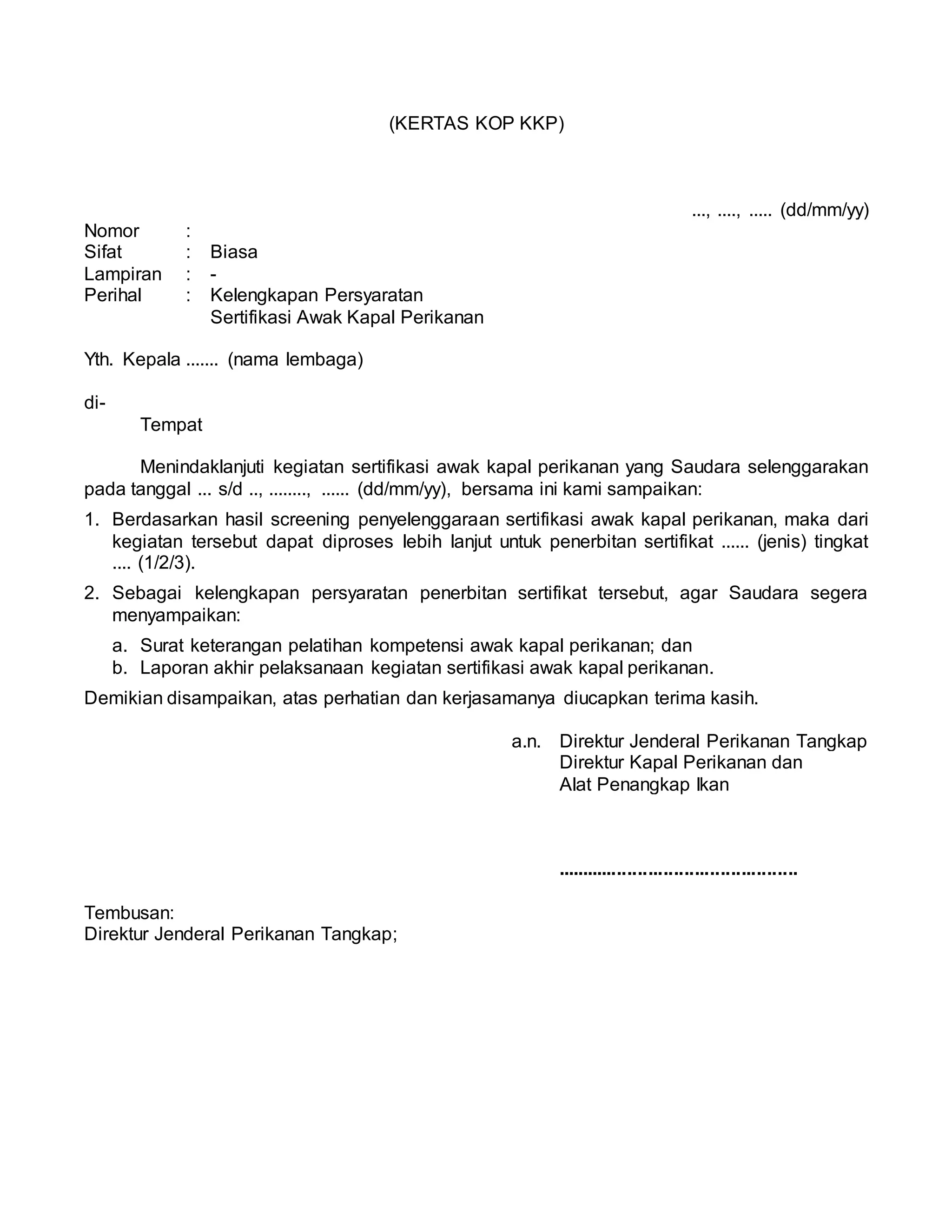 Format persuratan sertifikasi Awak Kapal Perikanan | DOCX