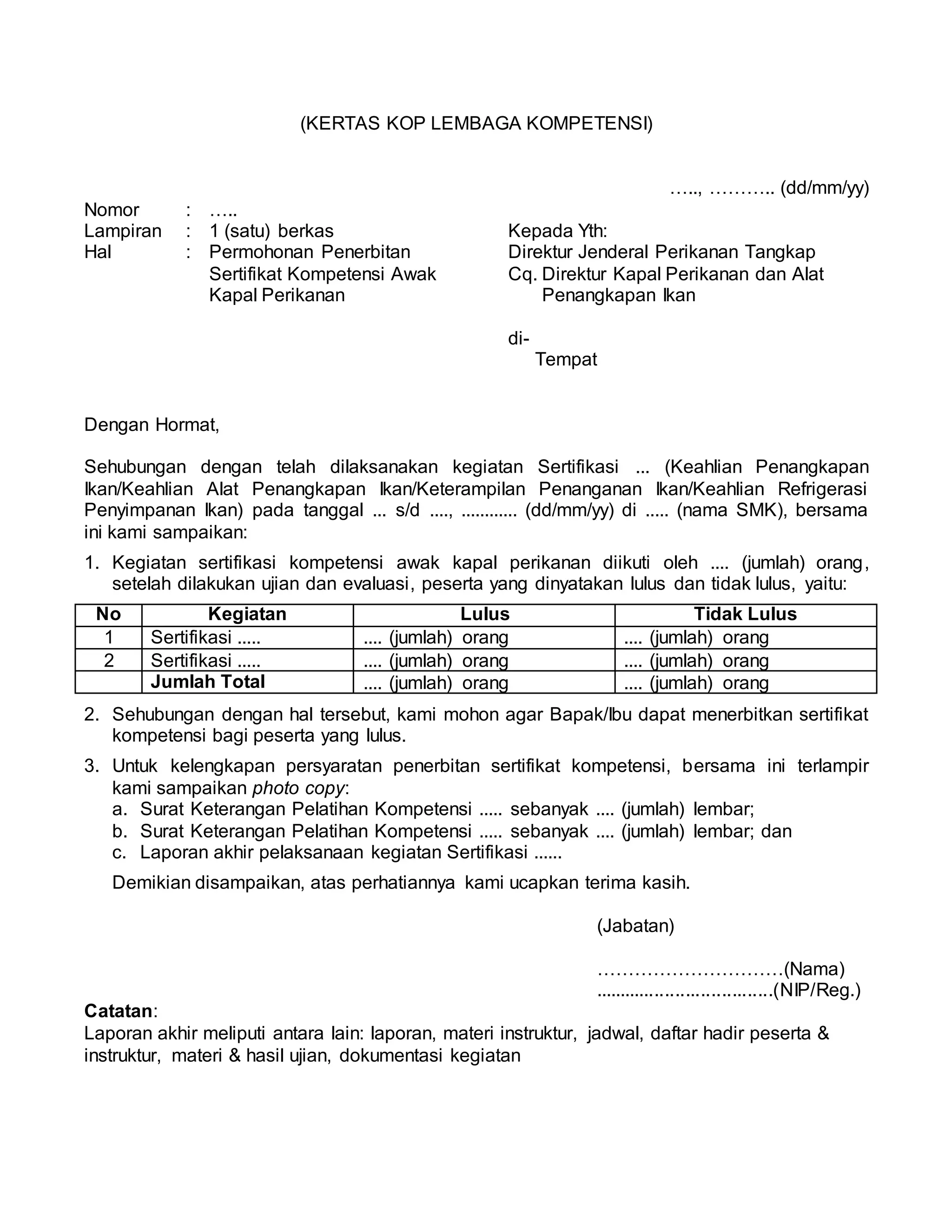 Format persuratan sertifikasi Awak Kapal Perikanan | DOCX