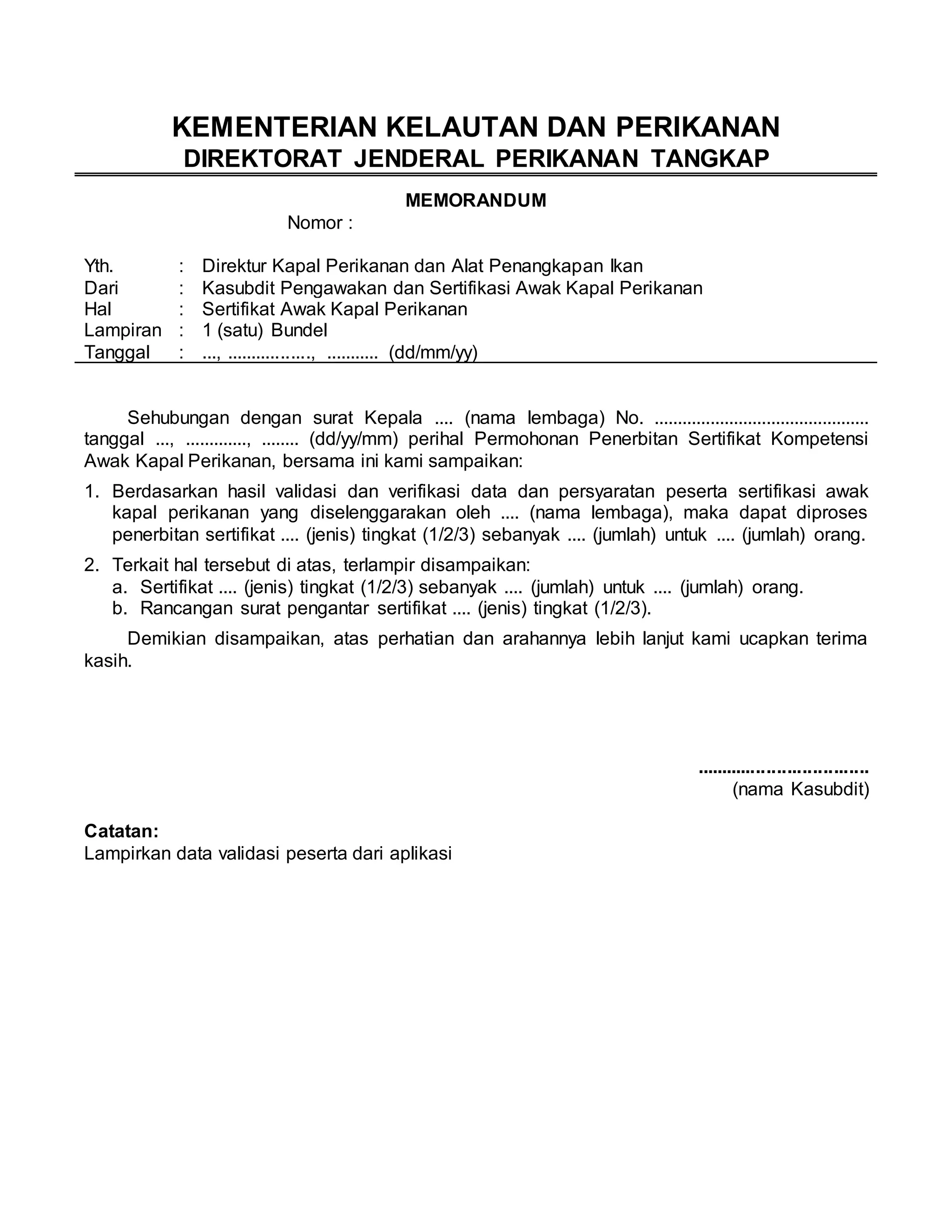 Format persuratan sertifikasi Awak Kapal Perikanan | DOCX